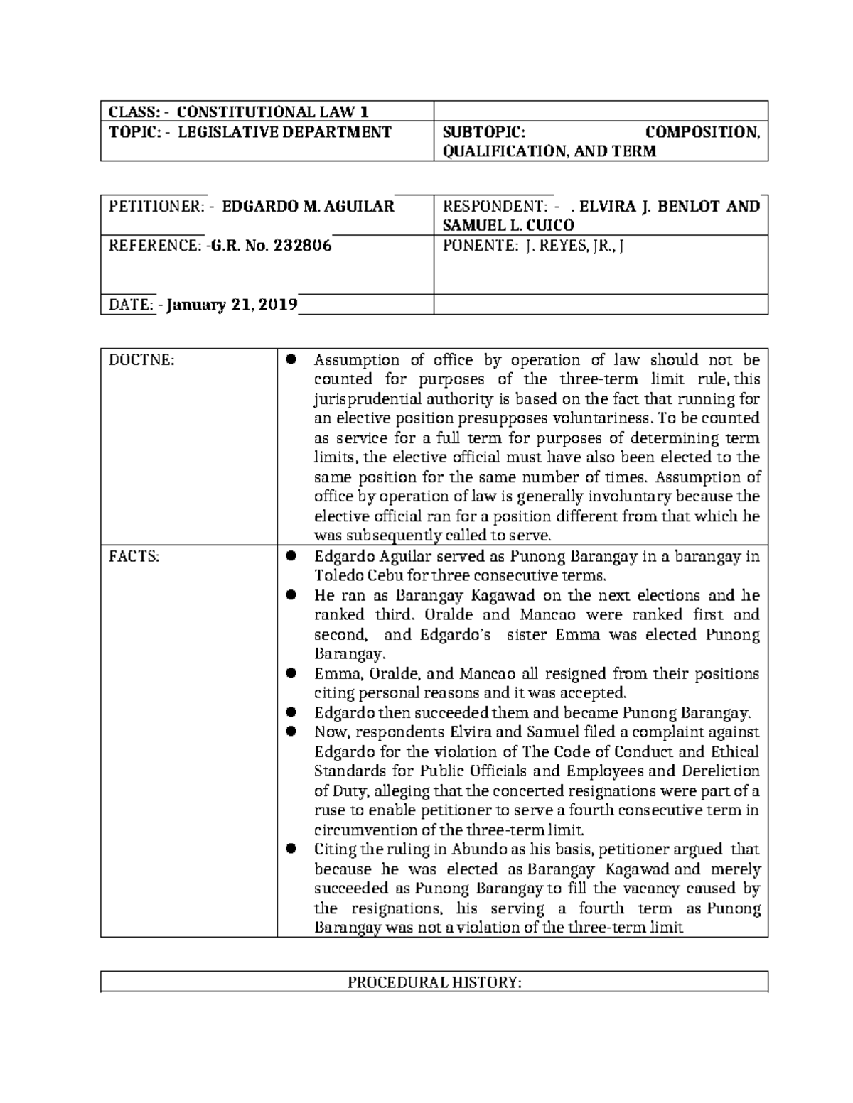 Aguinaldo v Benlot - Case of the title. - CLASS: - CONSTITUTIONAL LAW 1 ...