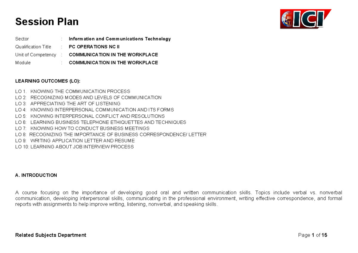 English 100 session plan - Sector : Information and Communications ...