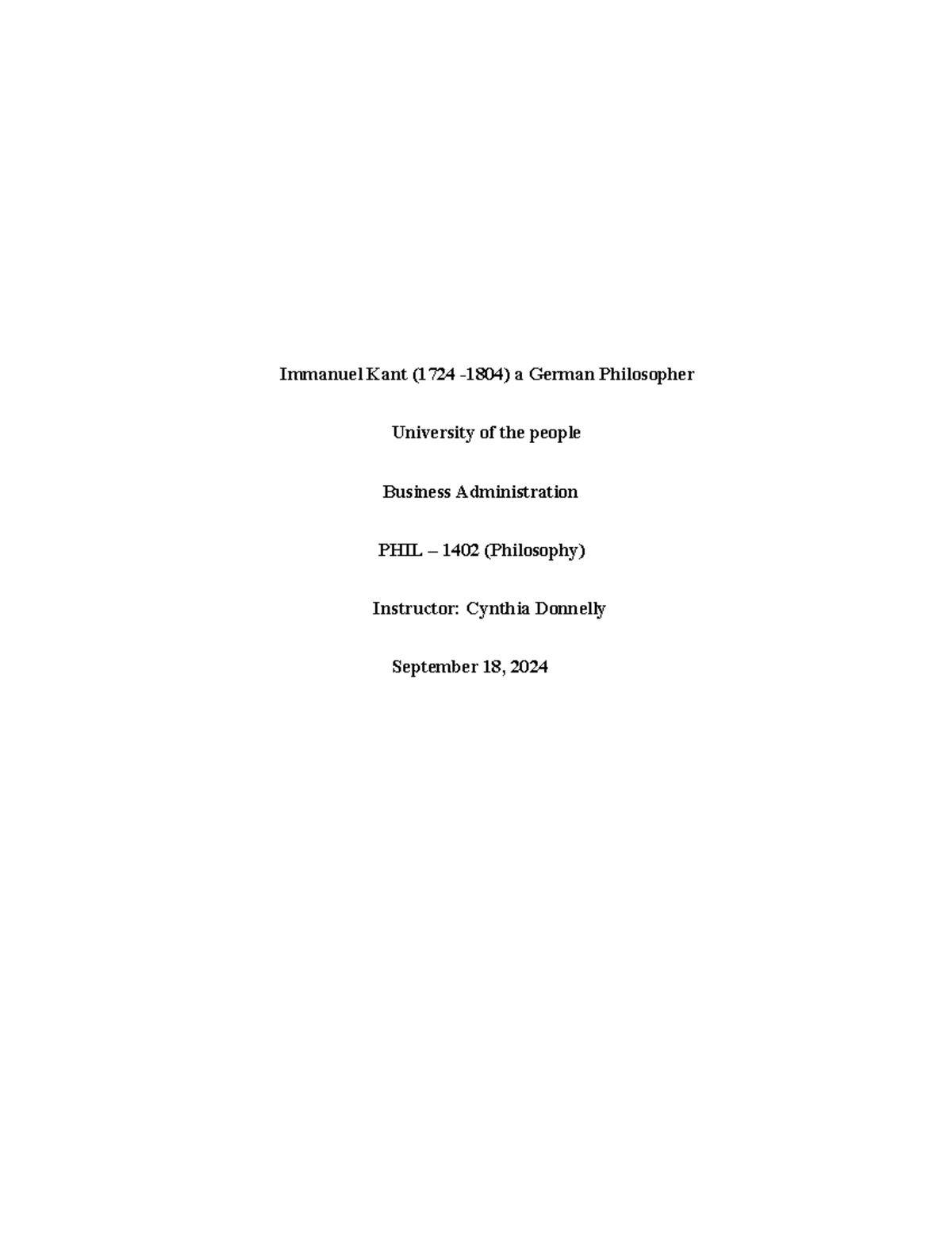 Immanuel Kant - Written Assignment Unit 2 - Immanuel Kant (1724 -1804 ...