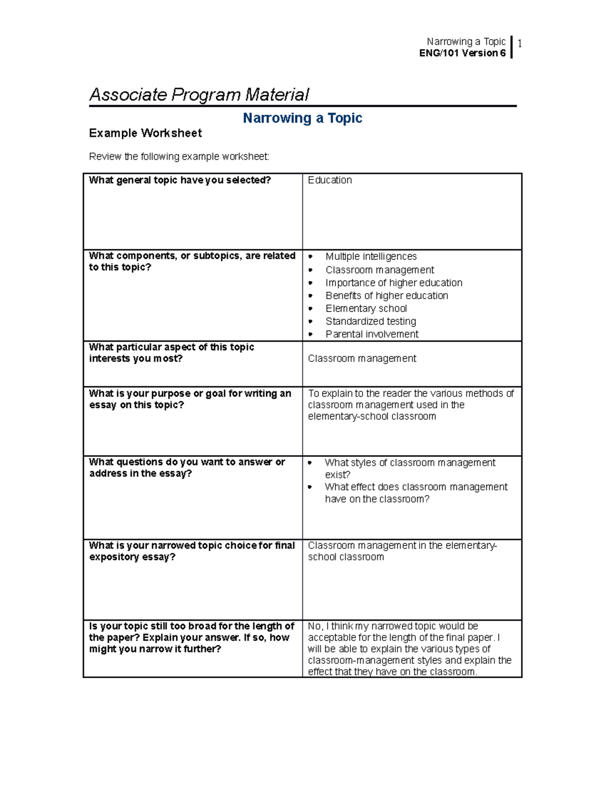 269813330 ENG 101 Week 1 Narrowing a Topic - Narrowing a Topic ENG/101 ...