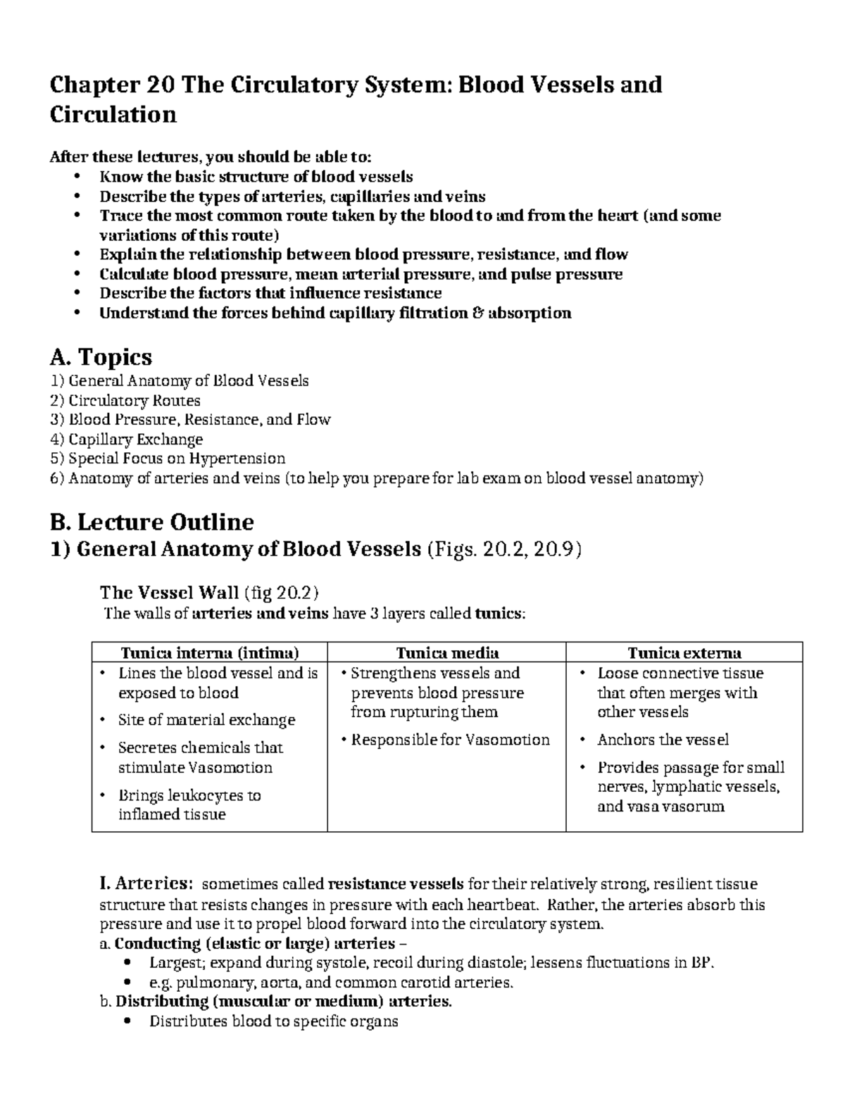 Ch20 Blood vessels lecture outline 2016 - Chapter 20 The Circulatory System: Blood Vessels and ...