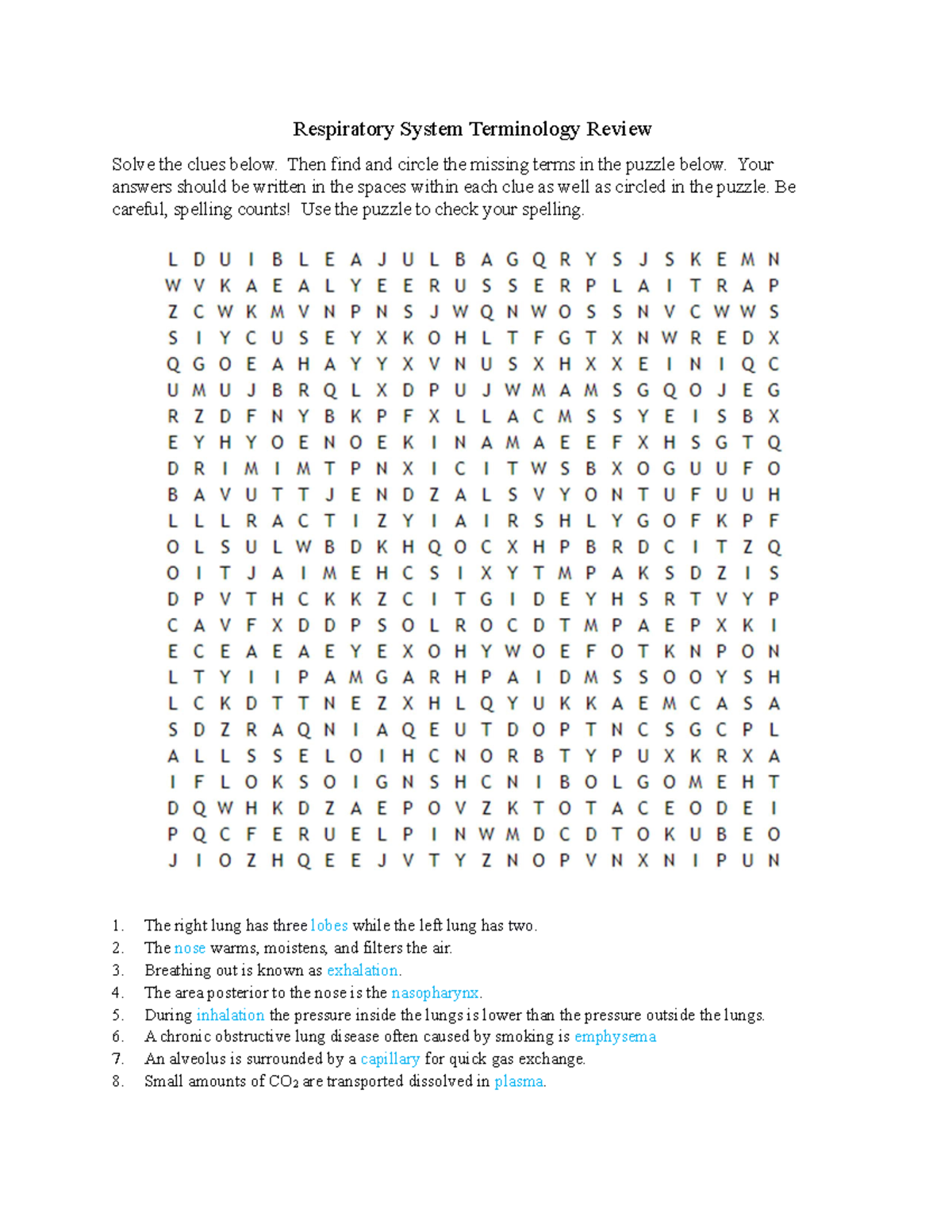 Respiratory Word Search- 3 - Respiratory System Terminology Review ...