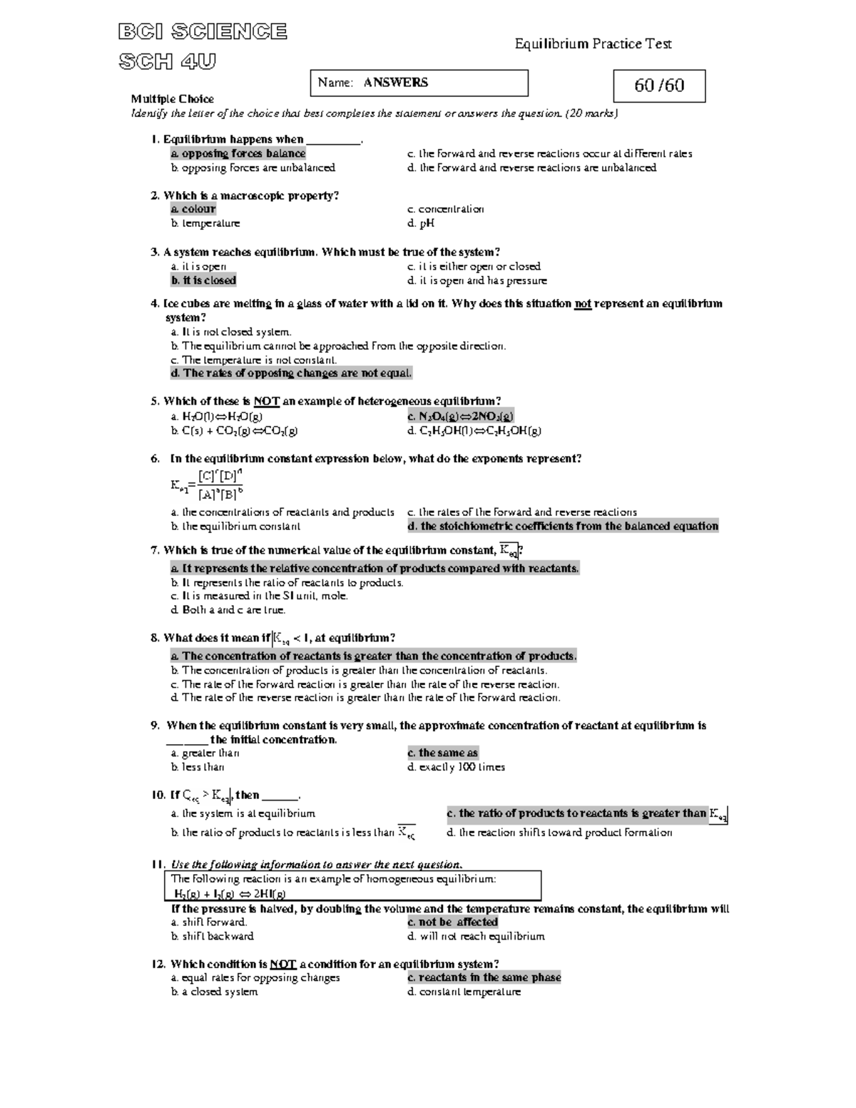 Equilibrium practice test 12 answers - Equilibrium Practice Test ...
