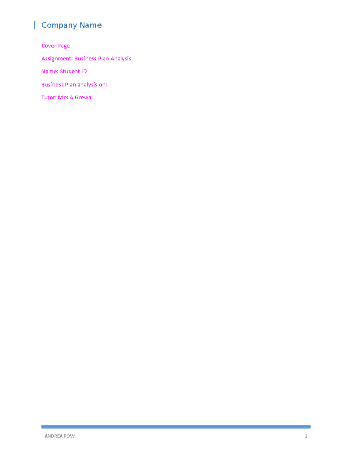 Business Plan - summited work and passed - Cover Page Assignment ...