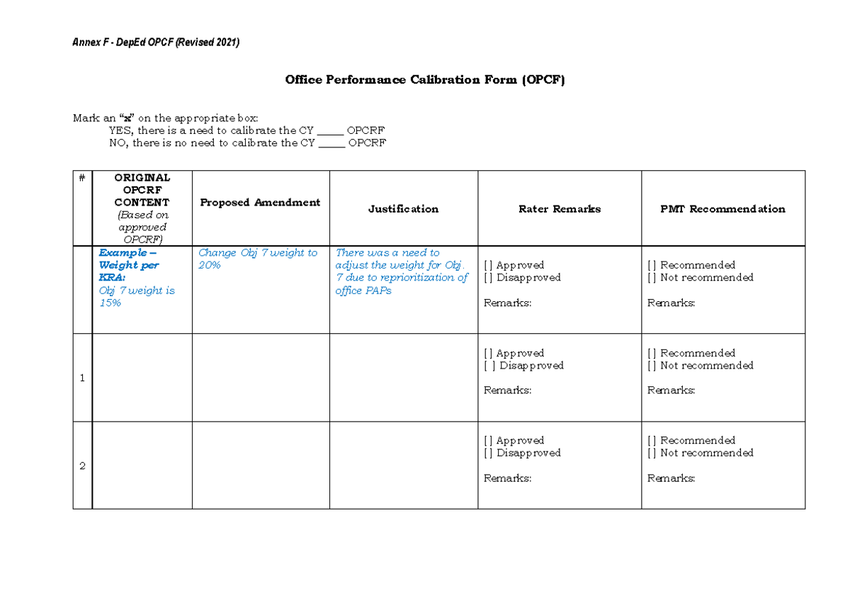 Annex F. Performance Calibration Form (PCF) - Annex F - DepEd OPCF ...