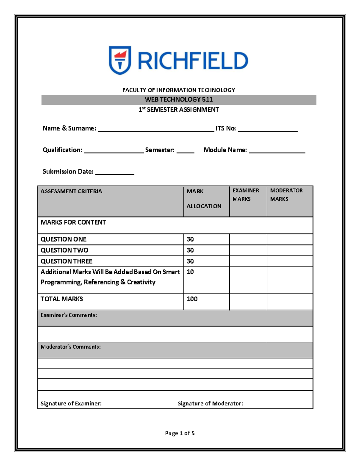 Web Technology 511 Contact Assignment 2022 - FACULTY OF INFORMATION TECHNOLOGY WEB TECHNOLOGY ...