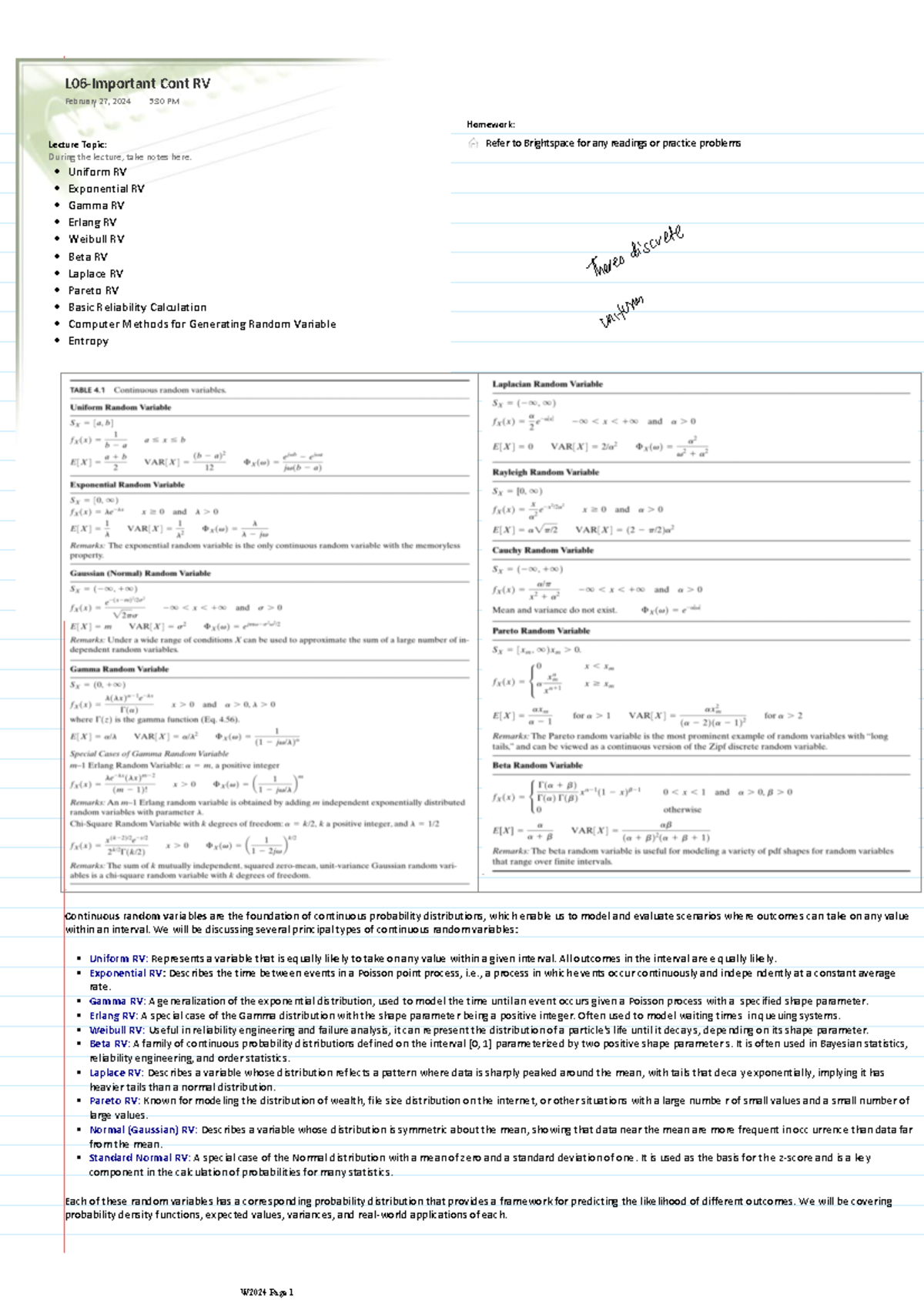 L06-Important Cont RV - note 6 - Lecture Topic: During the lecture ...