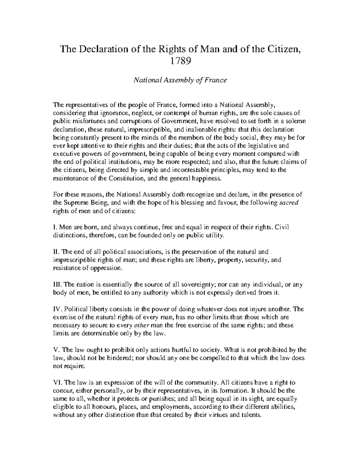 Declaration of the rights of man 1789 - The Declaration of the Rights ...