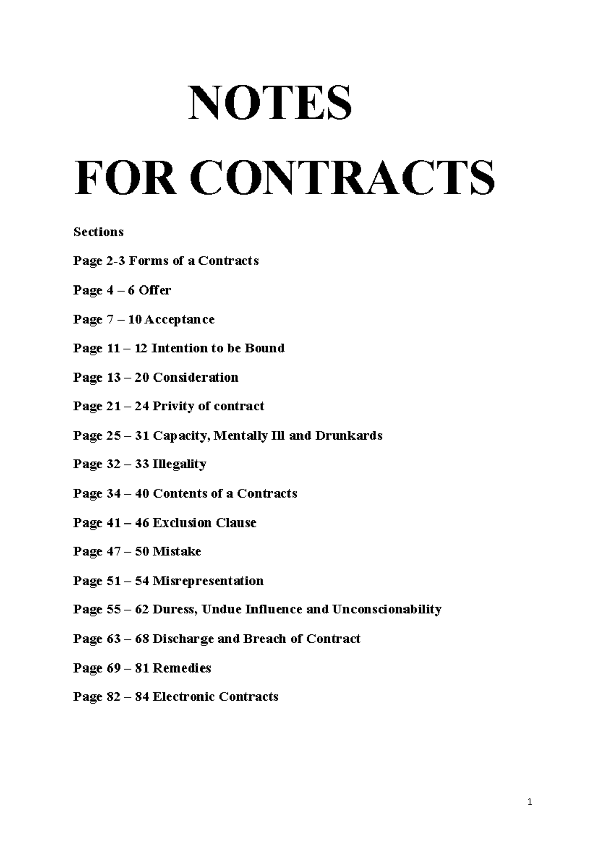 Notes FOR Contracts - NOTES FOR CONTRACTS Sections Page 2-3 Forms of a ...