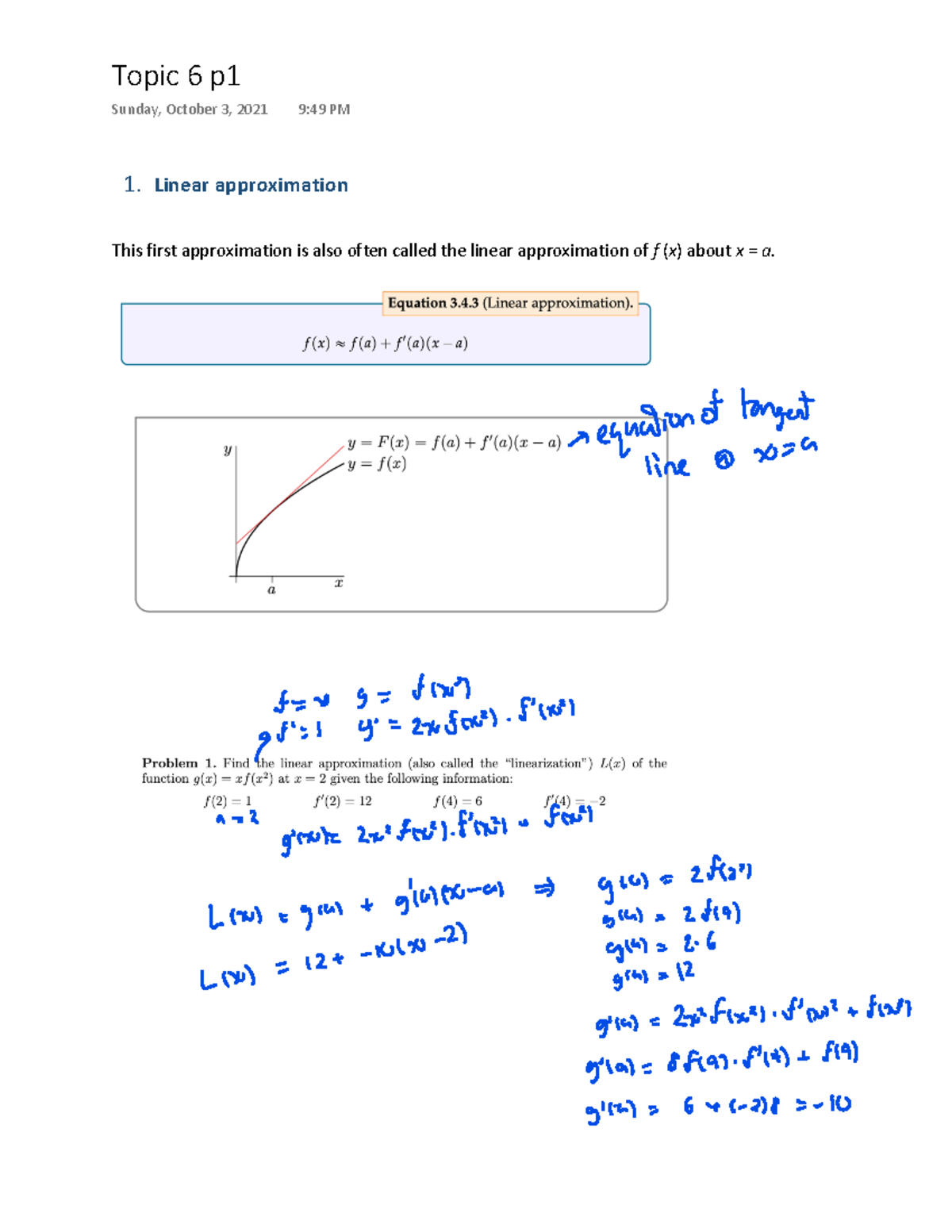 Topic 6 notes Math 265 - MATH 265 - ϭ͘ >ŝŶĞĂƌ ĂƉƉƌŽdžŝŵĂƚŝŽŶ - Studocu