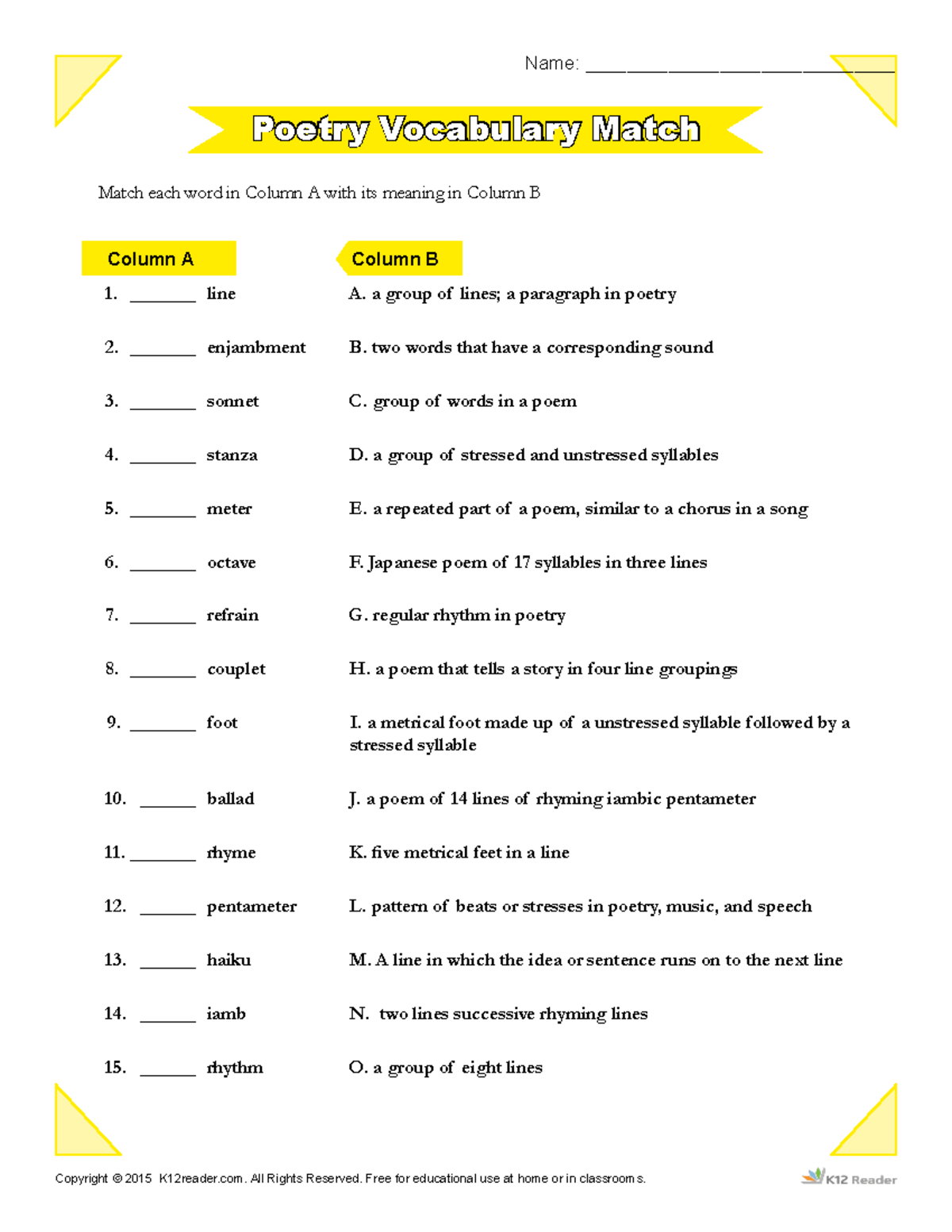 Poetry vocabulary match - Copyright © 2015 K12reader. All Rights ...