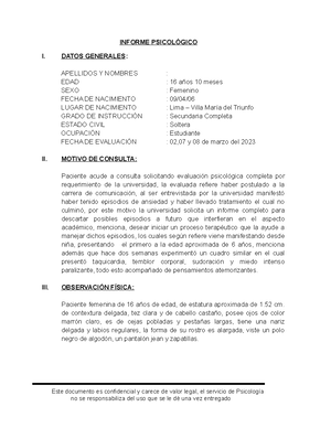 Informe DE ORIENTACIÓN VOCACIONAL - INFORME PSICOLÓGICO I. DATOS GENERALES: APELLIDOS Y NOMBRES ...