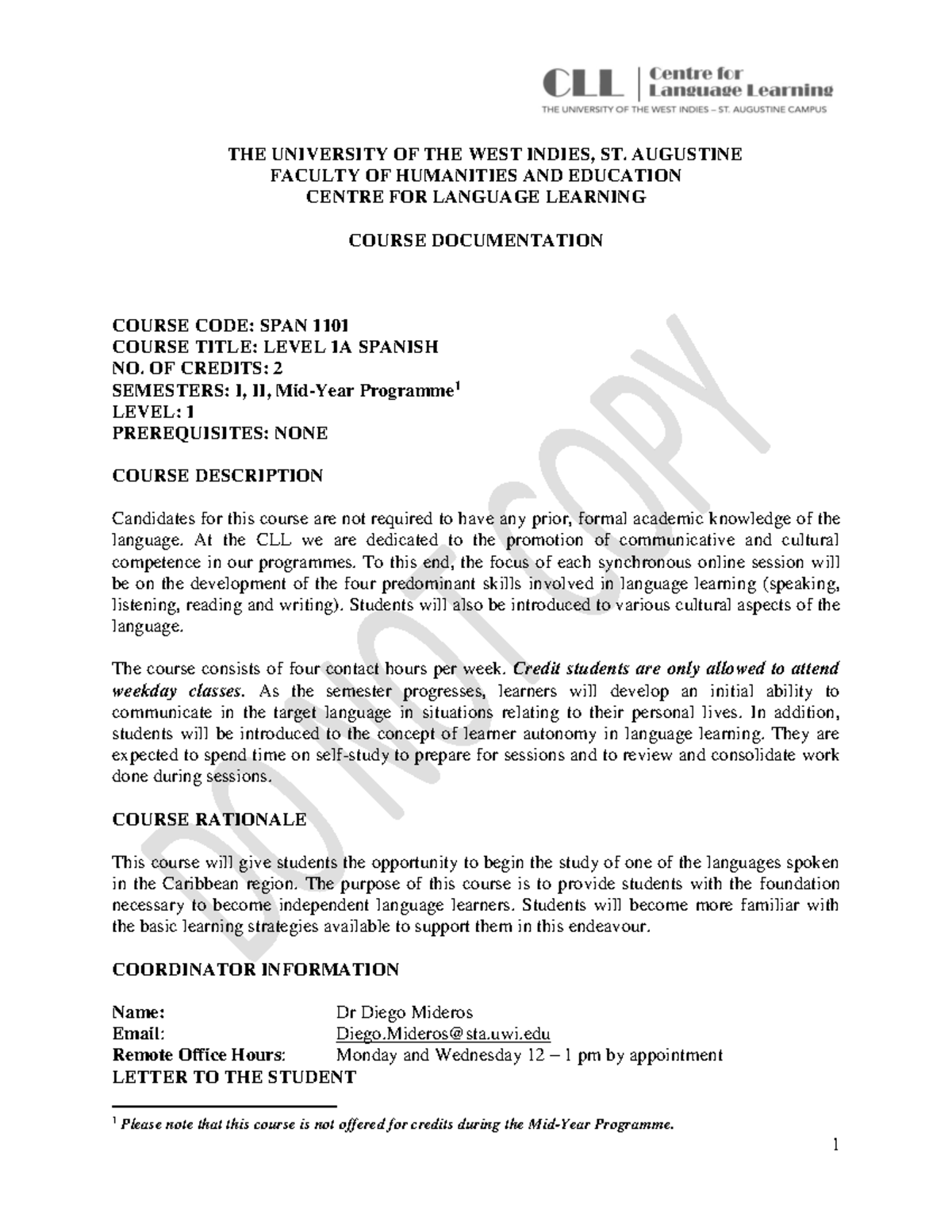 Spanish Course Outline - THE UNIVERSITY OF THE WEST INDIES, ST ...