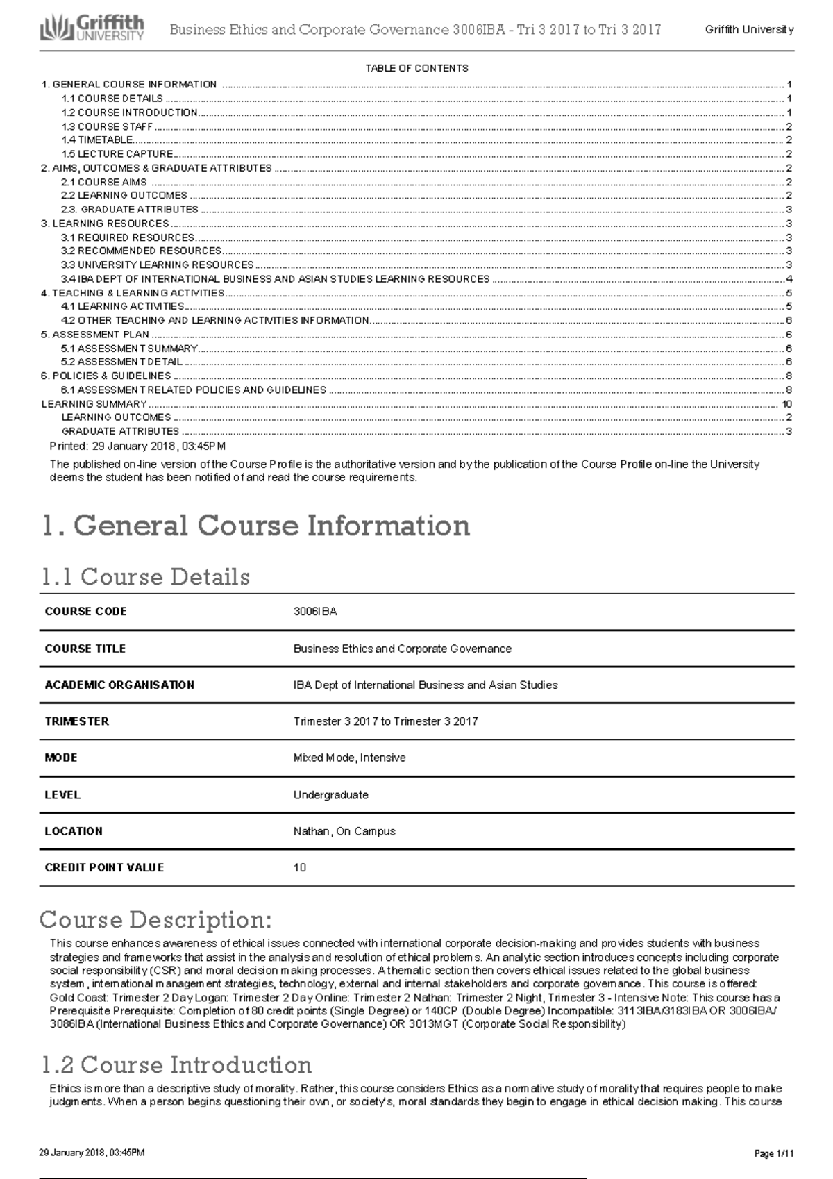 Course Profile 3006IBA - TABLE OF CONTENTS GENERAL COURSE INFORMATION ...