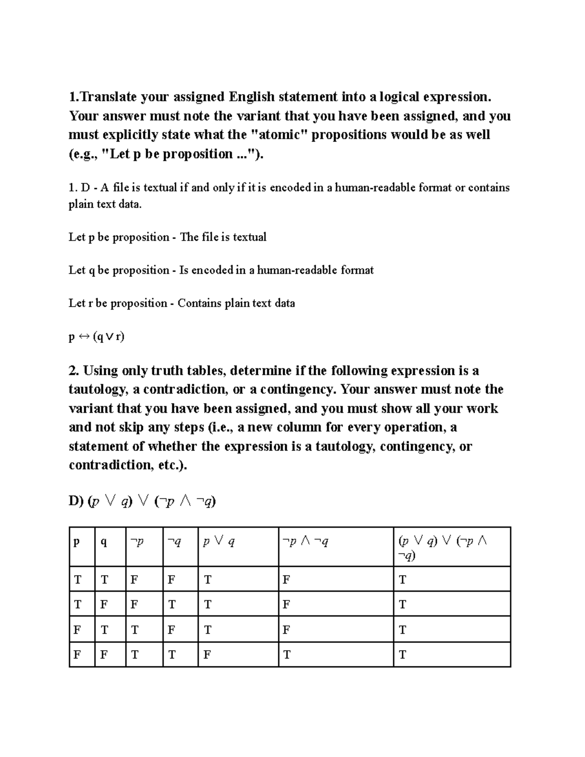 ASSIGNMENT 1 COMP 1805 - 1 your assigned English statement into a ...