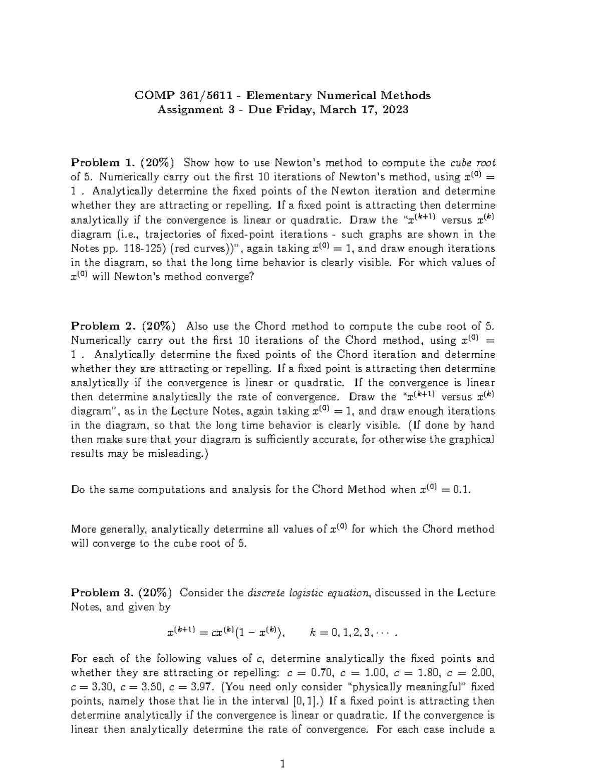 A3 2023w 123 Comp 361 5611 Elementary Numerical Methods Assignment 3 Due Friday March