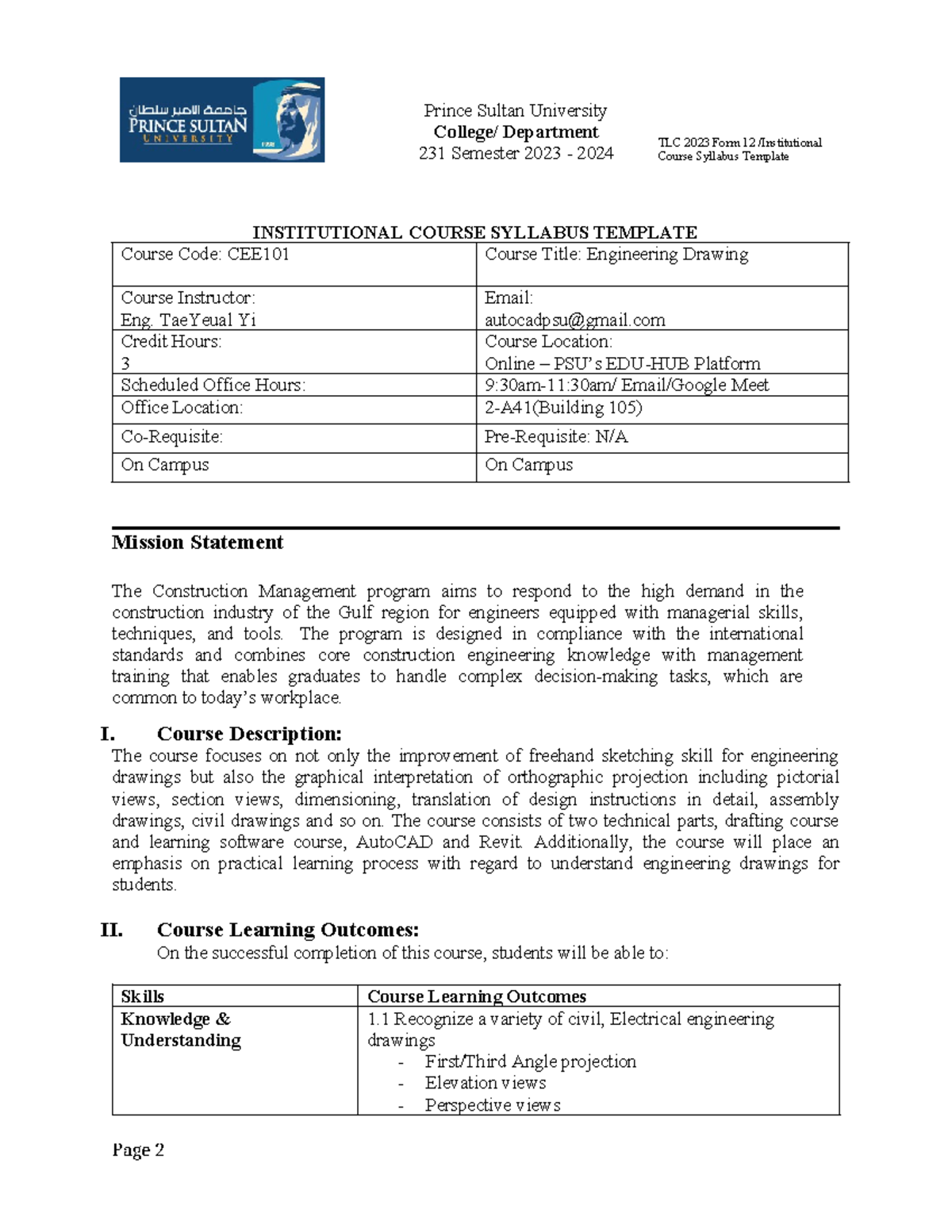 Term 231 CEE101 Syllabus - College/ Department 231 Semester 2023 - 2024 ...