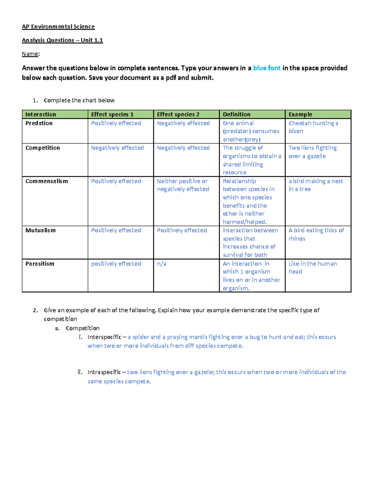 Analysis Questions - Unit 1.1 - AP Environmental Science Analysis ...