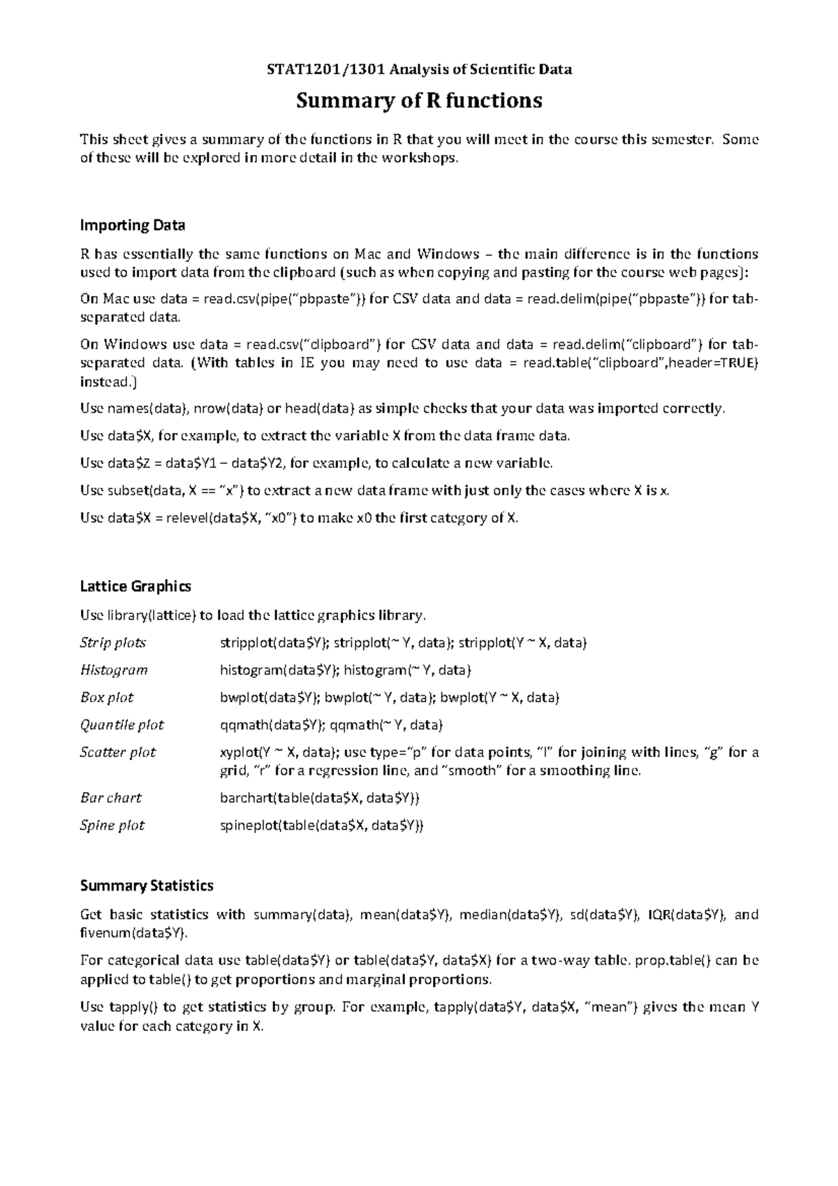 R-Summary - Analysis of Scientific Data Summary of R functions This ...