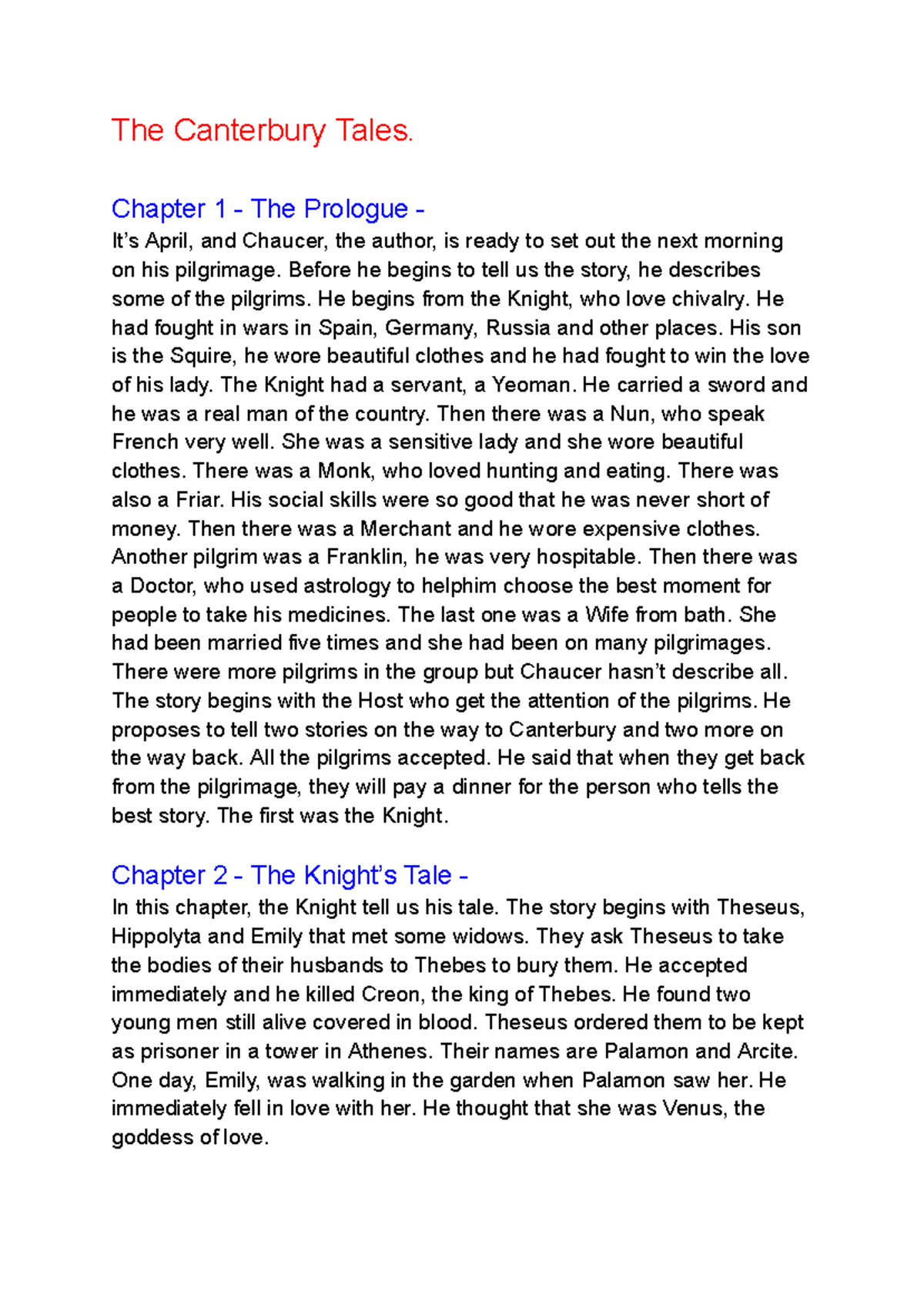 The Canterbury Tales - summary - The Canterbury Tales. Chapter 1 - The ...