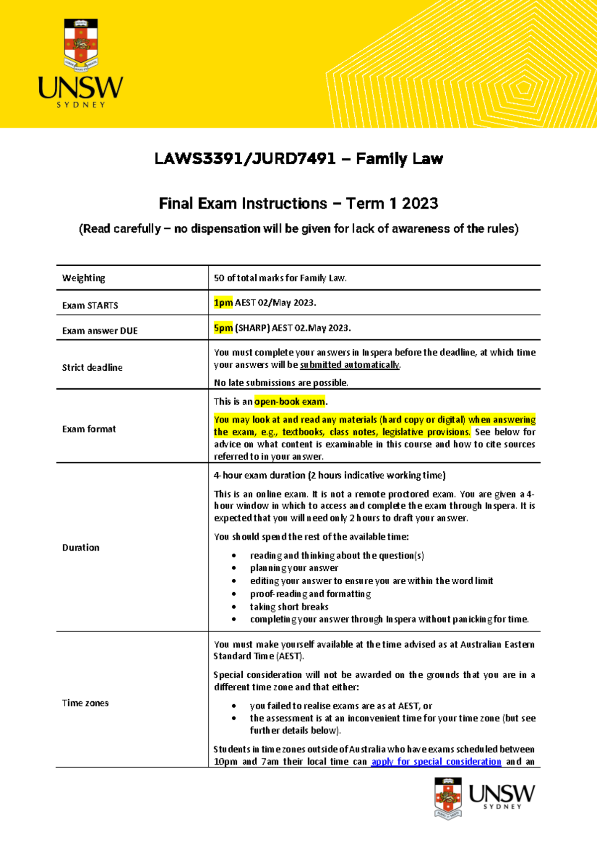 Family Law Exam Notice - LAWS 3391 /JURD 7491 – Family Law Final Exam ...