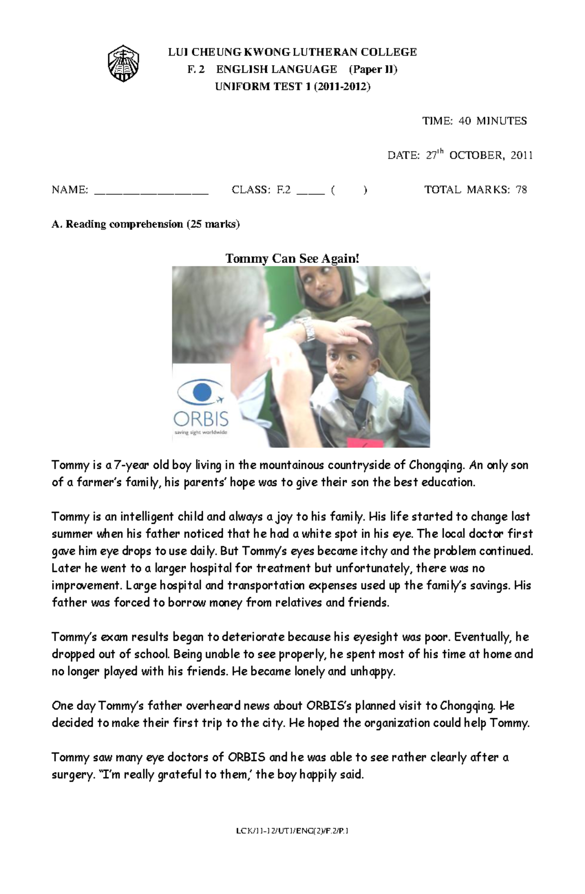 F2 1112 GE UT1 - Reading practice - LUI CHEUNG KWONG LUTHERAN COLLEGE F ...