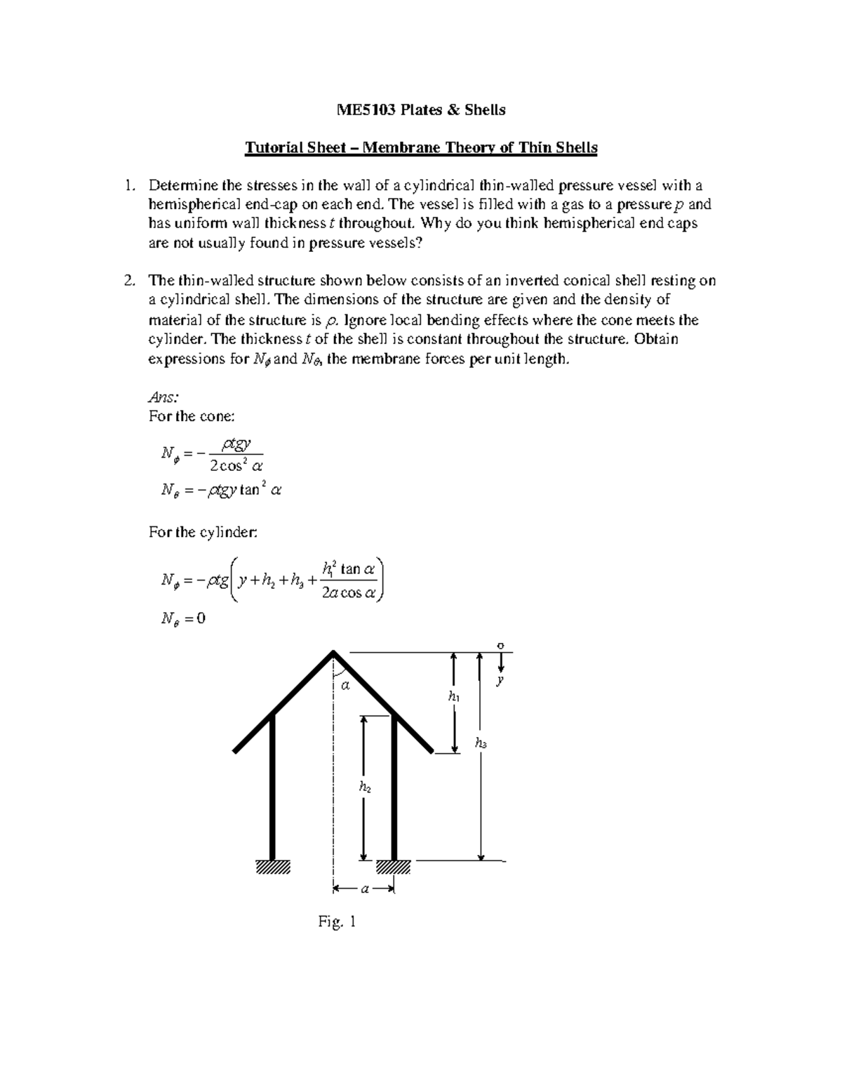 Tutorial Questions on Membrane Theory of Thin Shells - ME5103 - NUS ...