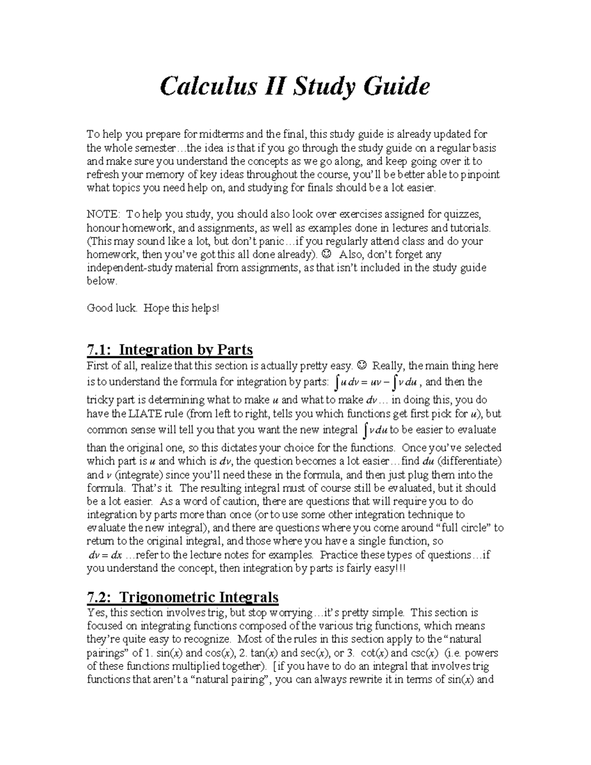 Study Guide Complete(1) - Calculus II Study Guide To help you prepare ...