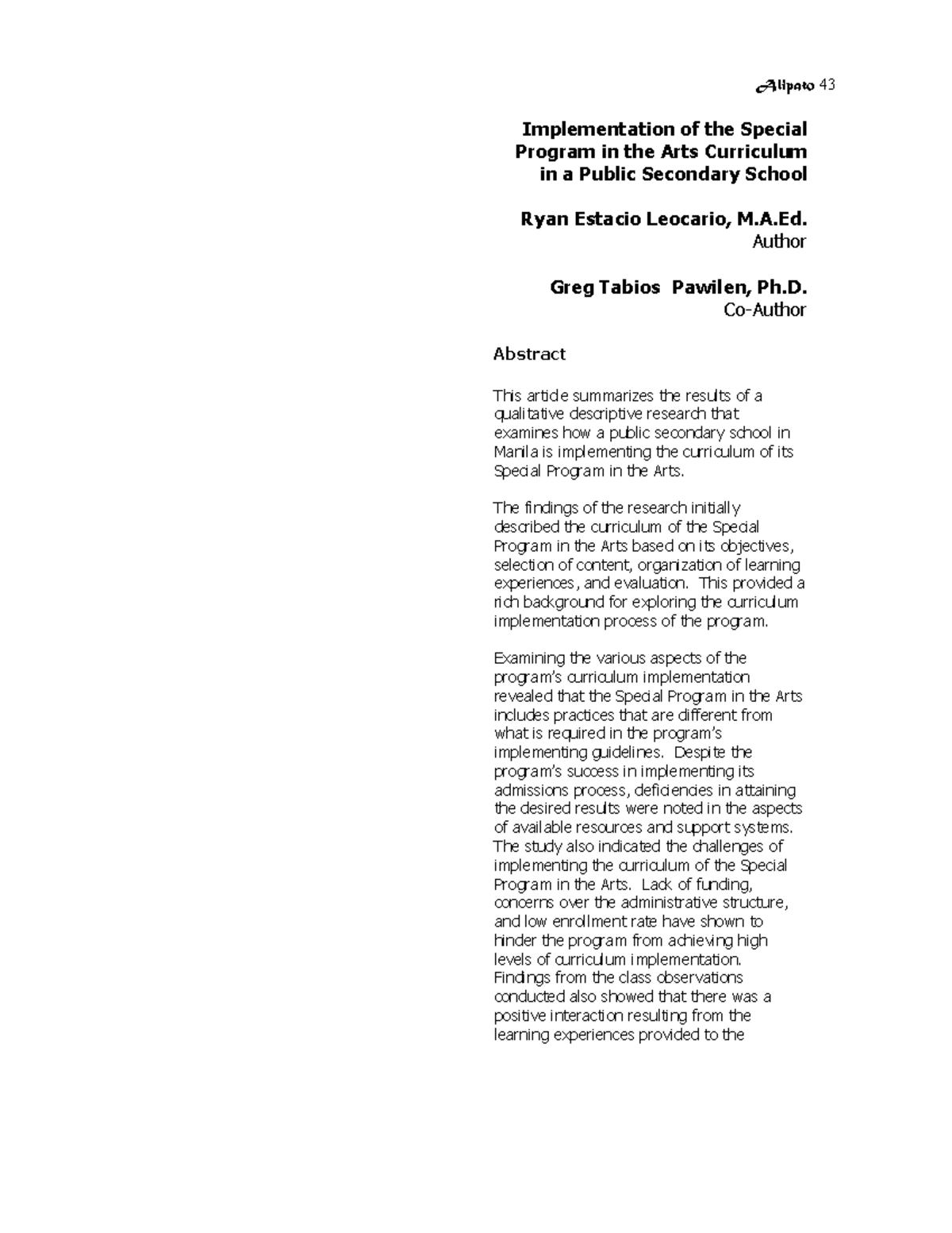 Implementation of SPA Curriculum in Public Secondary Schools - - Studocu