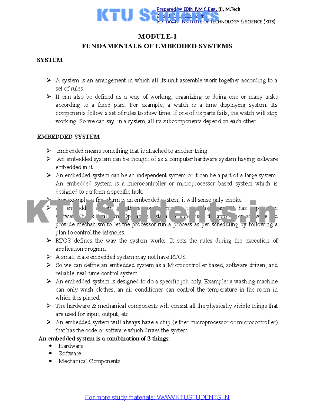 Module 1 Embedded System ktustudents - For more study materials: WWW.KTUSTUDENTS SYSTEM Prepared ...