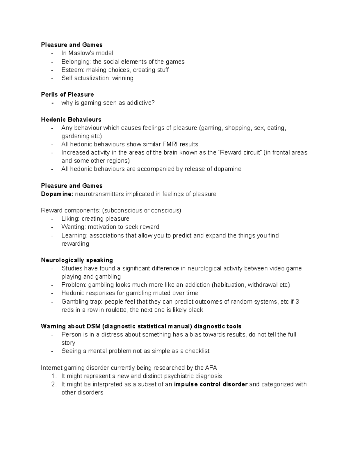 Week 5 Psychology and Games - Pleasure and Games - In Maslow’s model ...