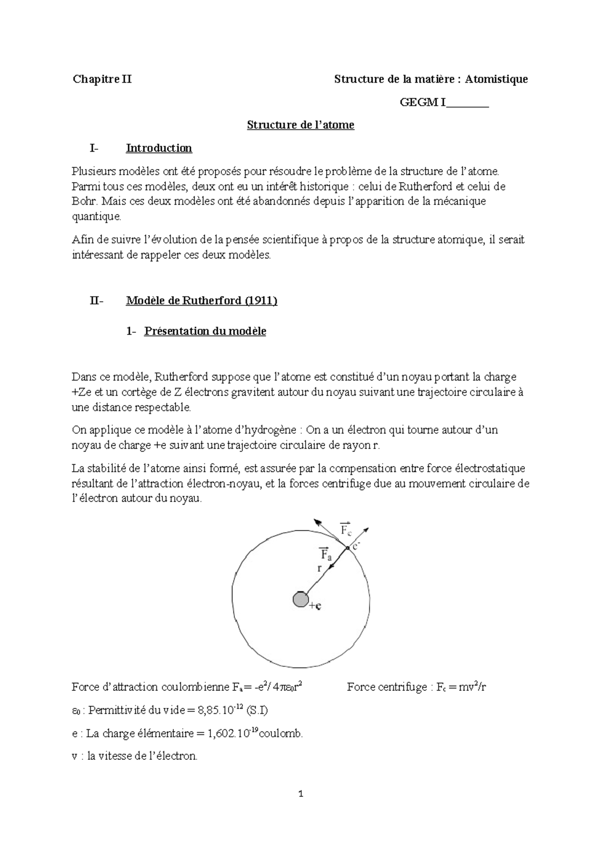 Chapitre II atom - TD d'atomistique2 - Chapitre II Structure de la matière : Atomistique GEGM I ...