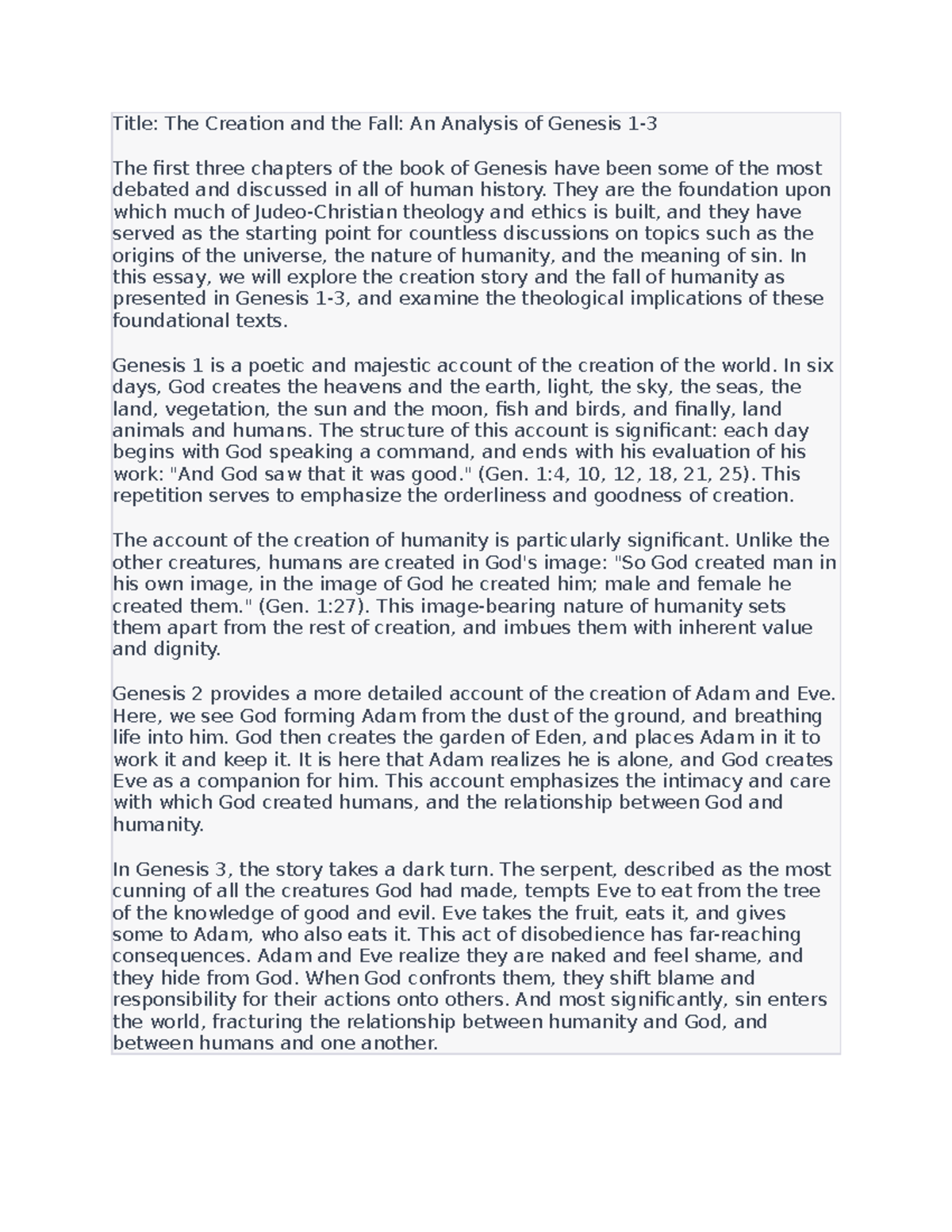 The Creation and the Fall - An Analysis of Genesis 1-3 - Title: The ...