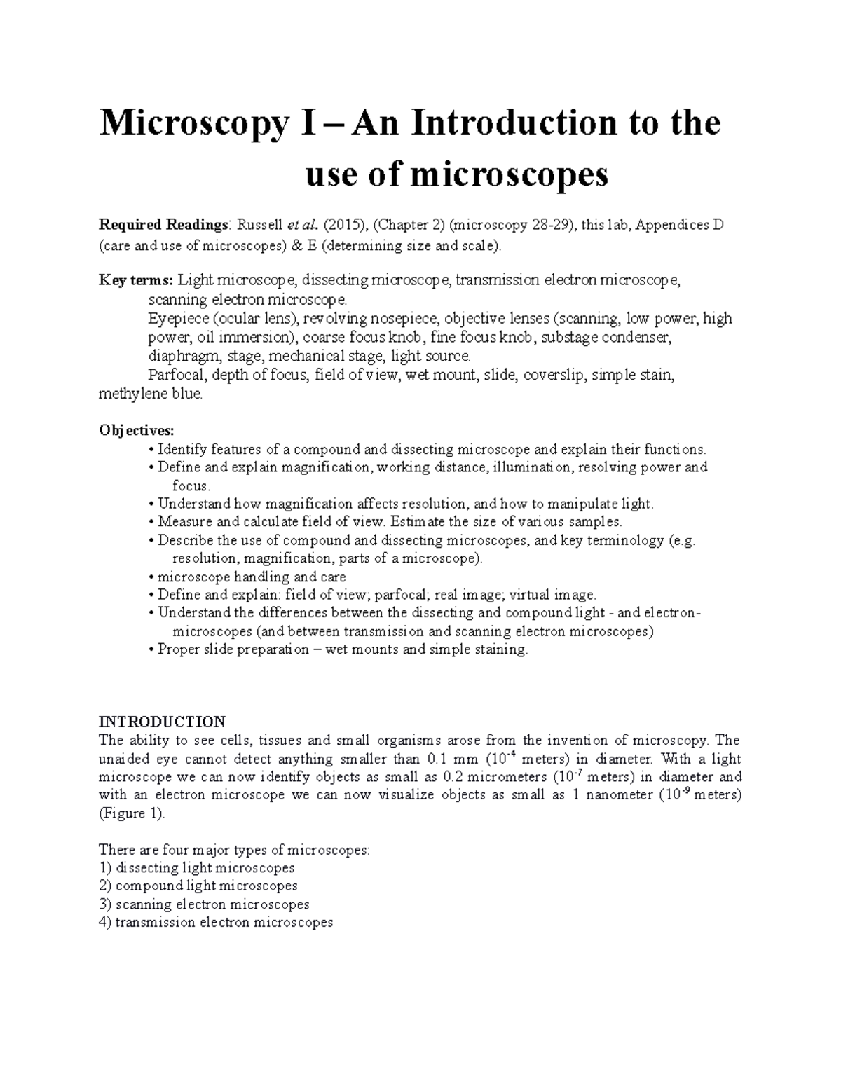 Lab 1 Answers - ... - Microscopy I – An Introduction to the use of ...