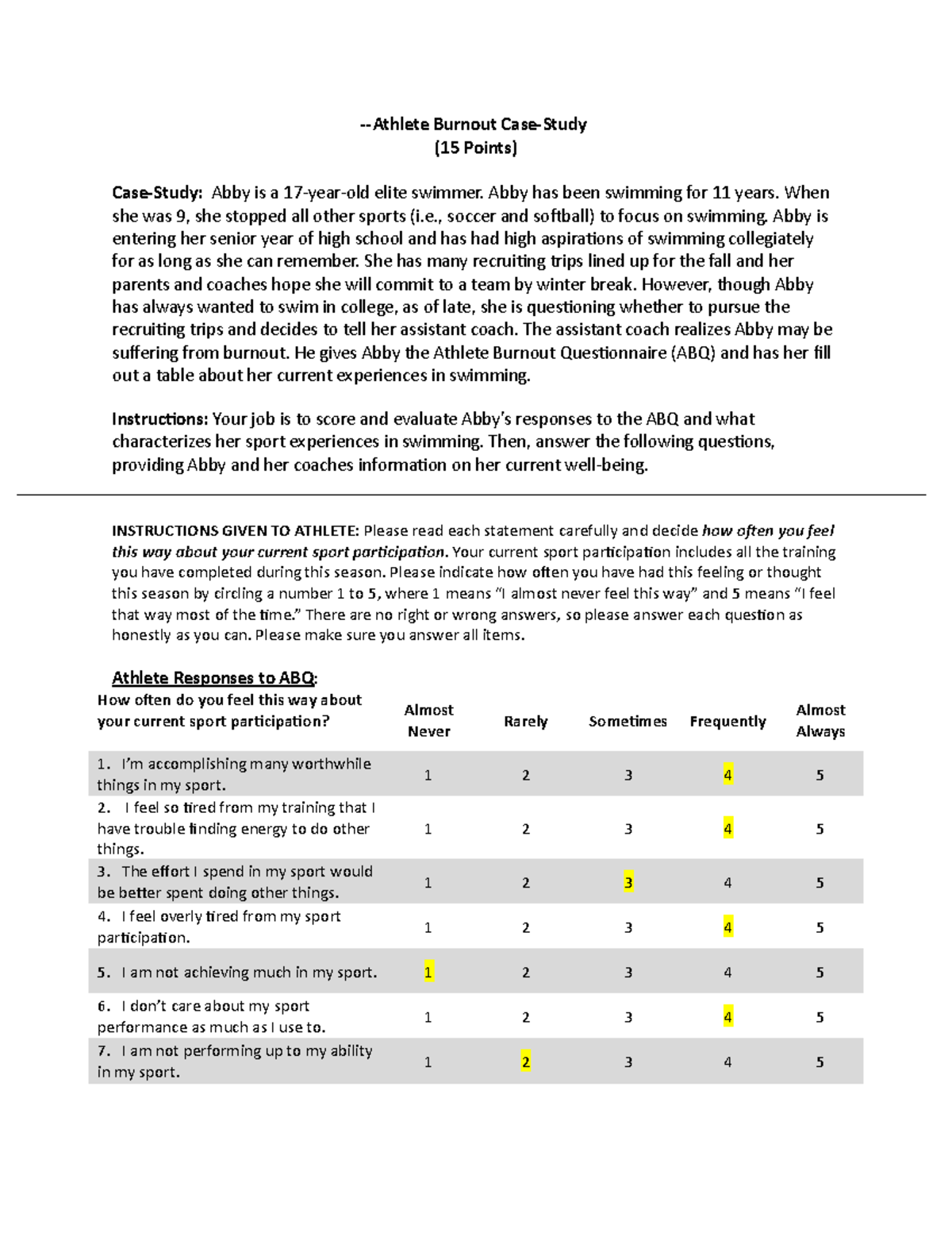 Athletes and Burnout -Athlete Burnout Case-Study (15 Points) Case-Study ...