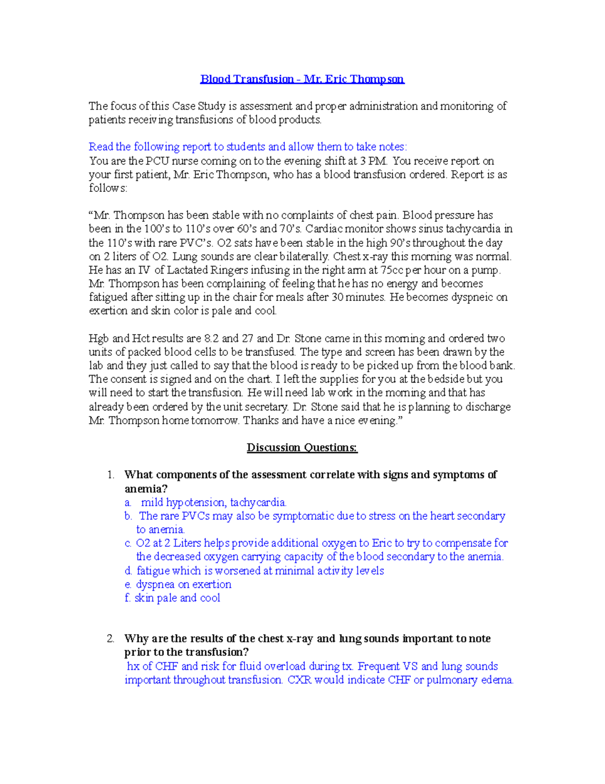 Blood Transfusion Case Study Correct Answers - Blood Transfusion - Mr ...