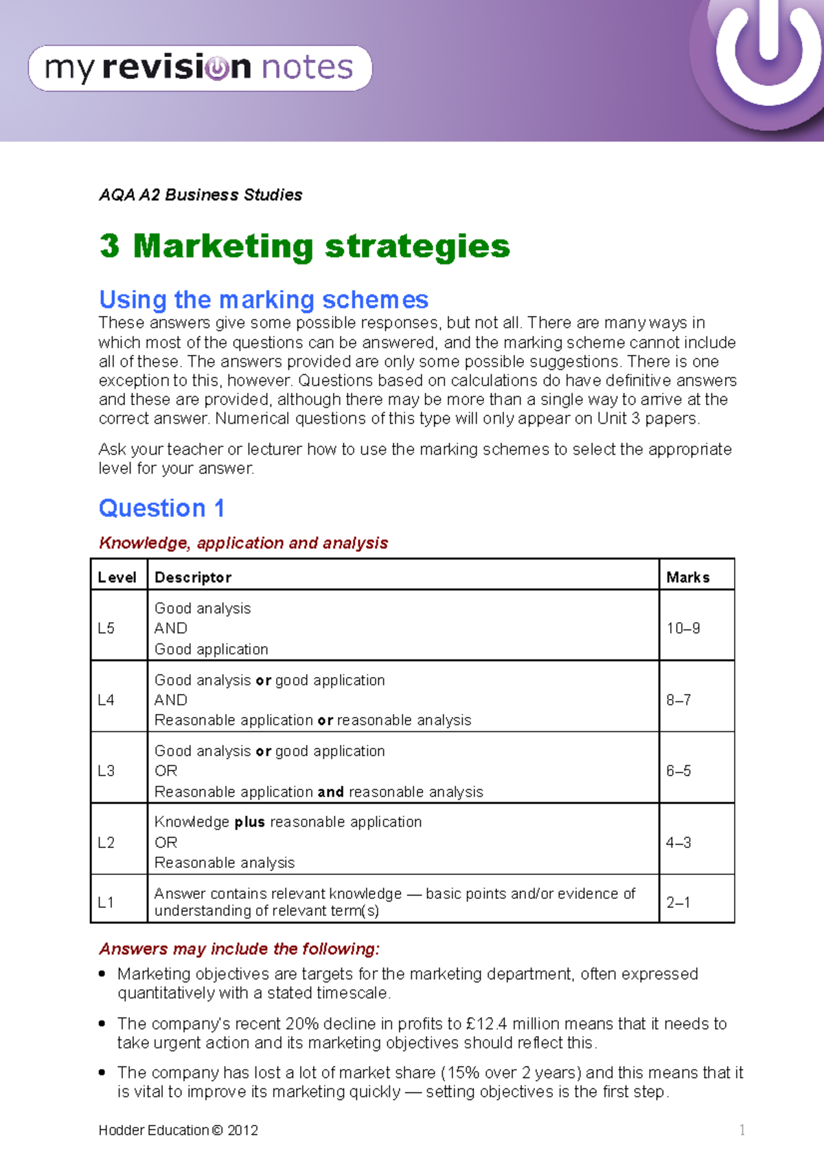 Exam practice answers 3 - AQA A2 Business Studies 3 Marketing ...