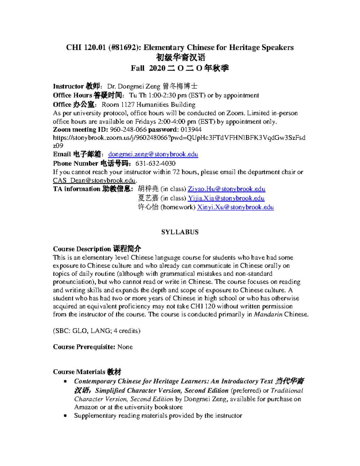 CHI 120.01 Fall 2020 Syllabus(6) - CHI 12 0 (#81692): Elementary ...