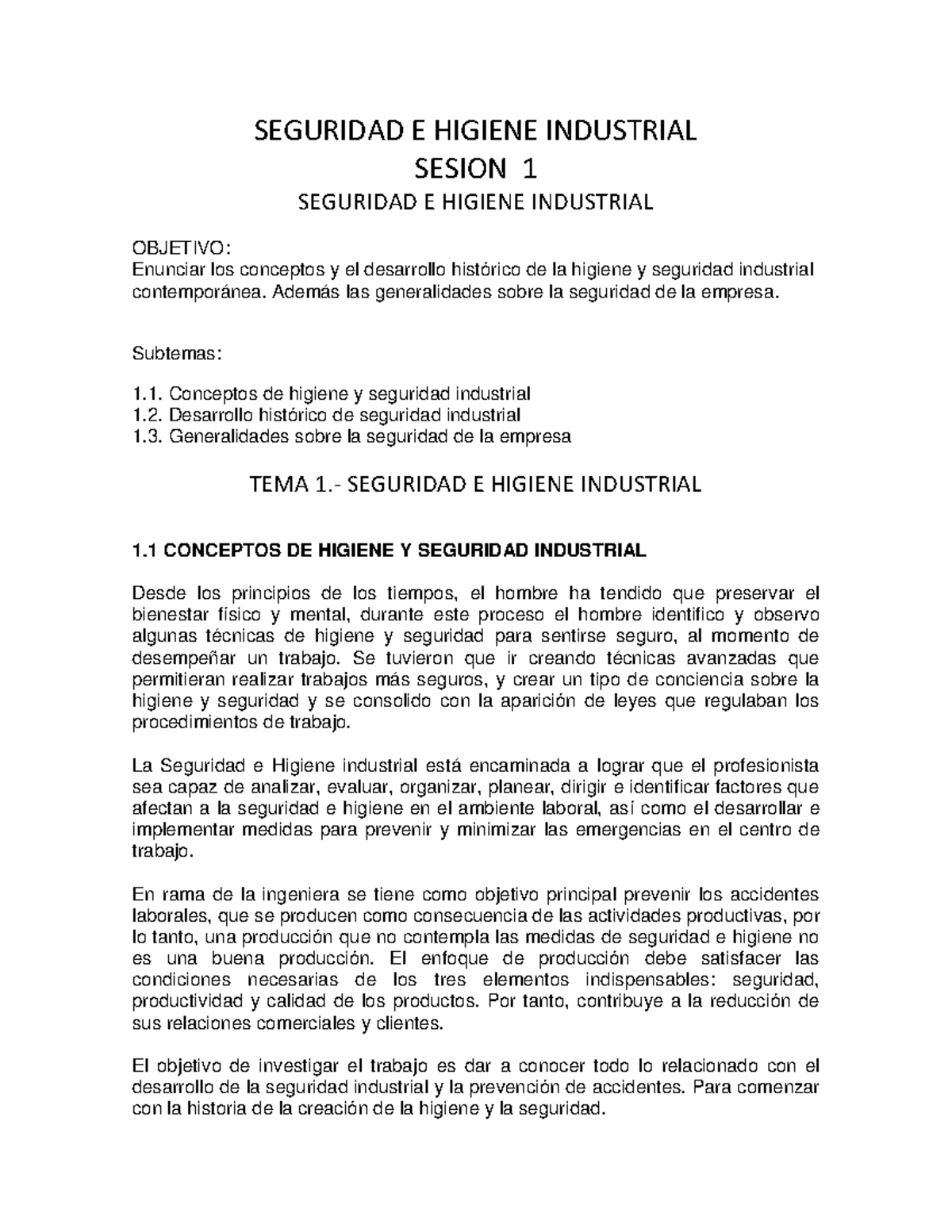 Sesion 1 - resumen de seguridad industrial - SEGURIDAD E HIGIENE ...