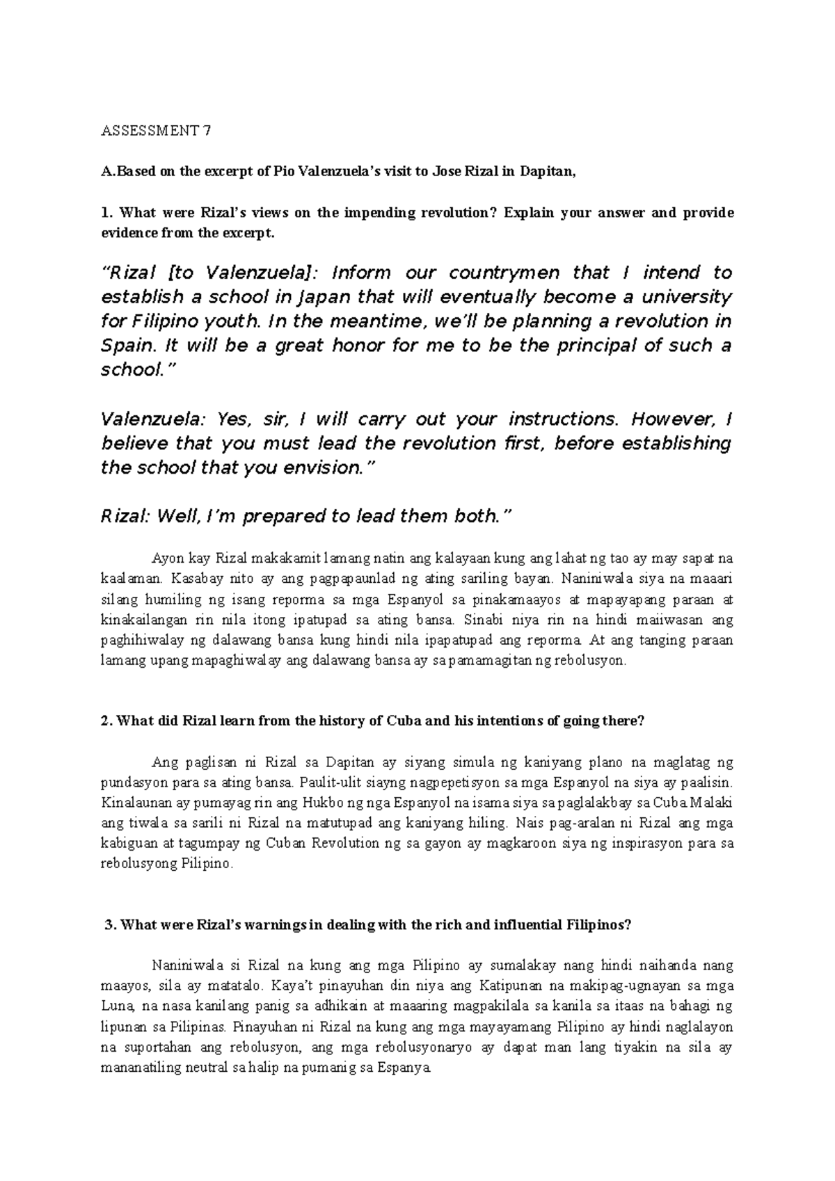 LIFE OF RIZAL_UNIT 4_3 - ASSESSMENT 7 A on the excerpt of Pio ...
