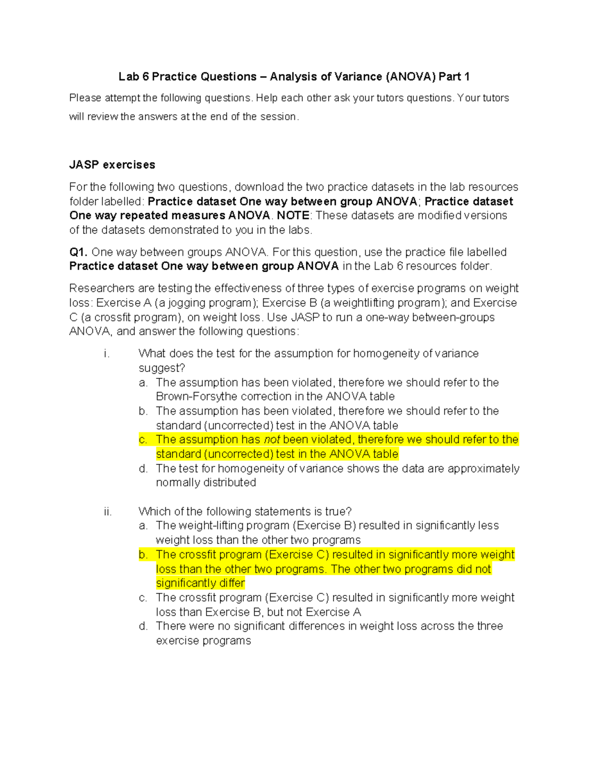 2024 Lab 6 practice questions - Lab 6 Practice Questions – Analysis of Variance (ANOVA) Part 1 ...