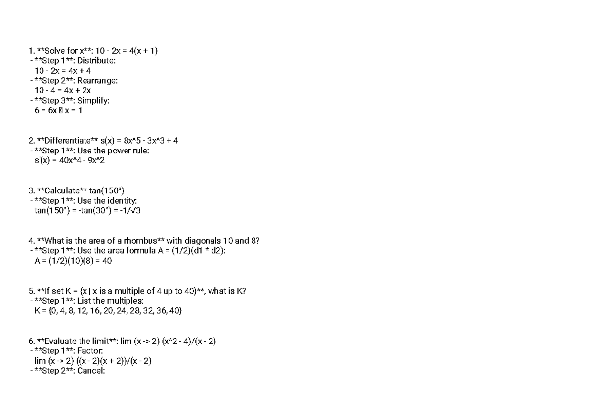 Add math final exam 2019 - Solve for x: 10 - 2x = 4(x + 1) Step 1 ...