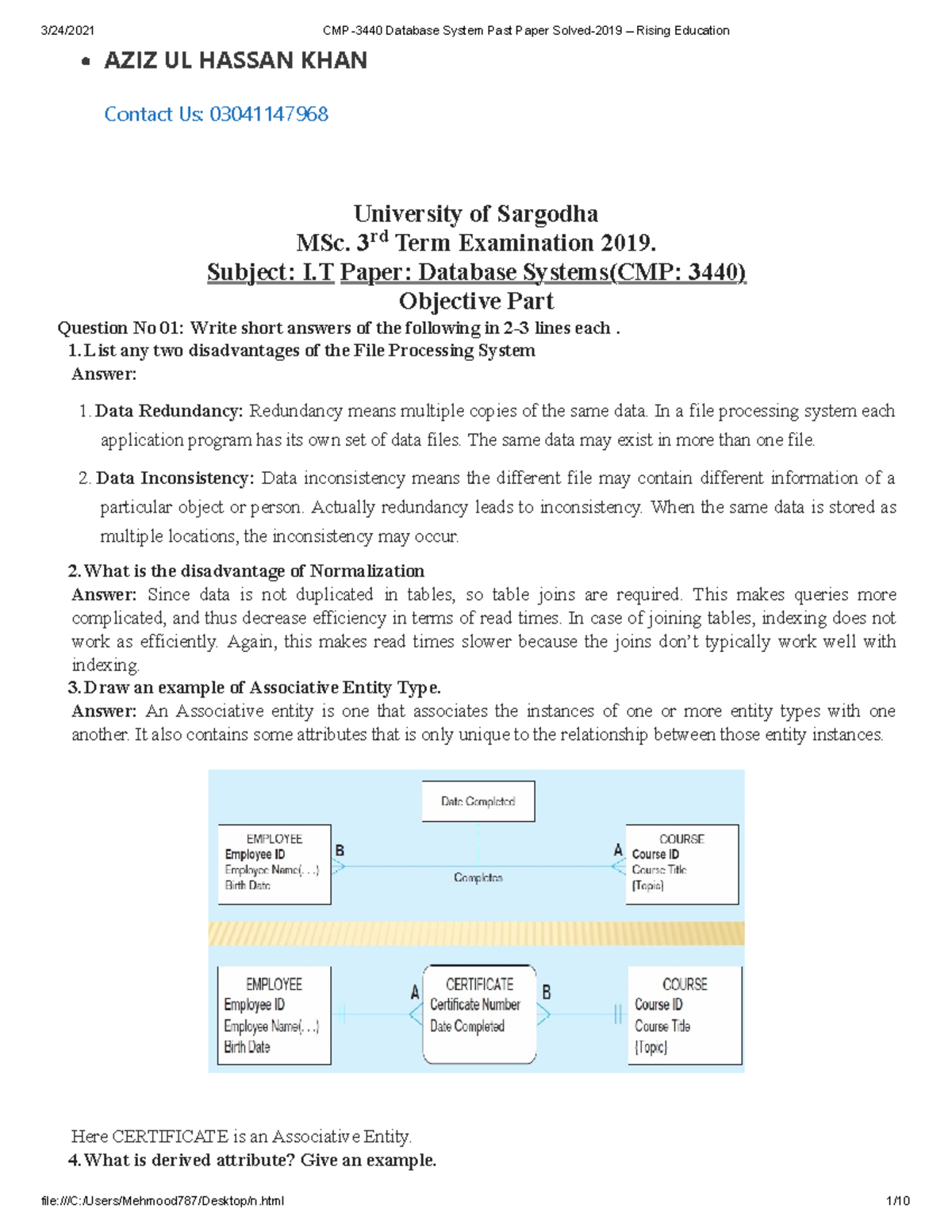 CMP-3440 Database System Past Paper Solved-2019 – Rising Education ...