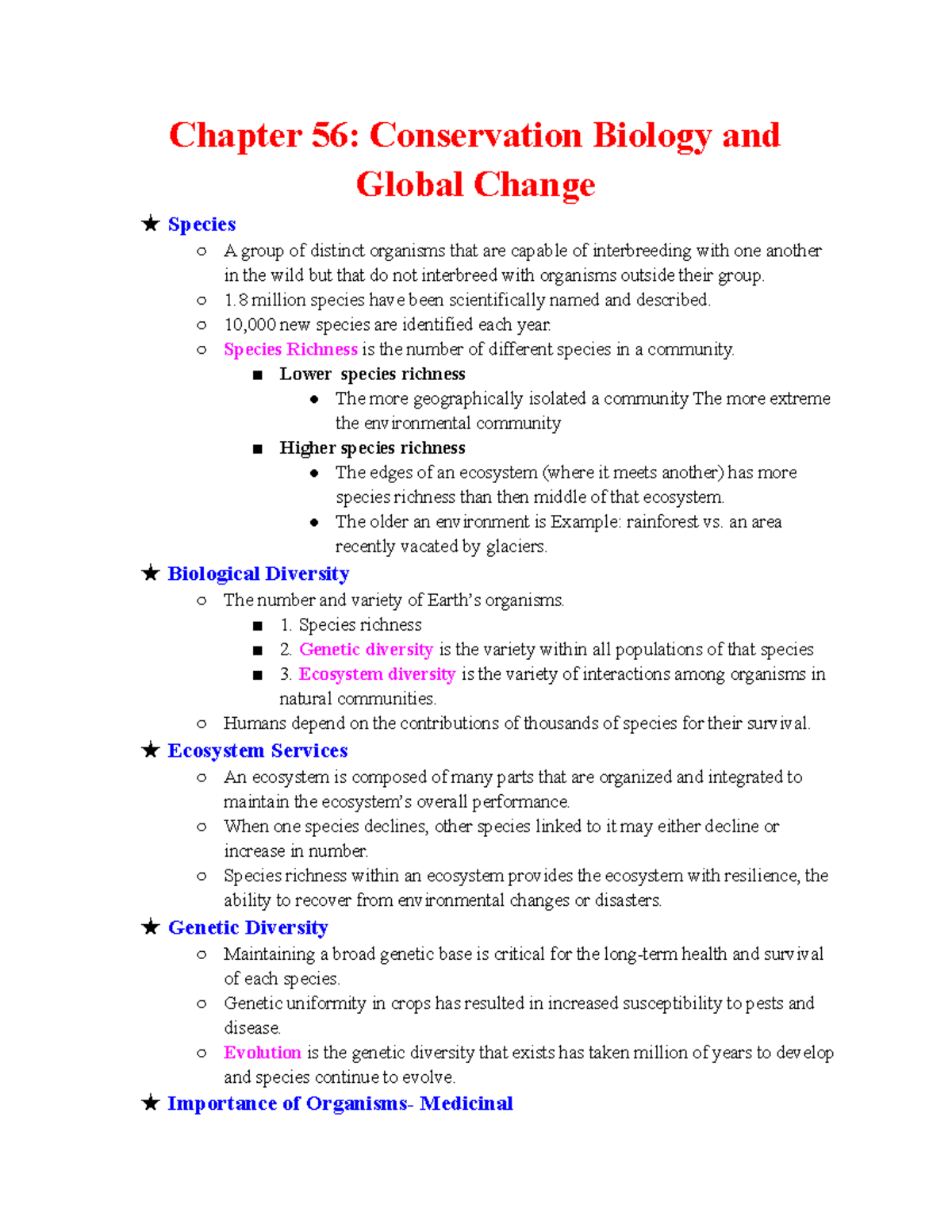 Bio 182 Chapter 56 Conservation Biology and Global Change - Chapter 56 ...
