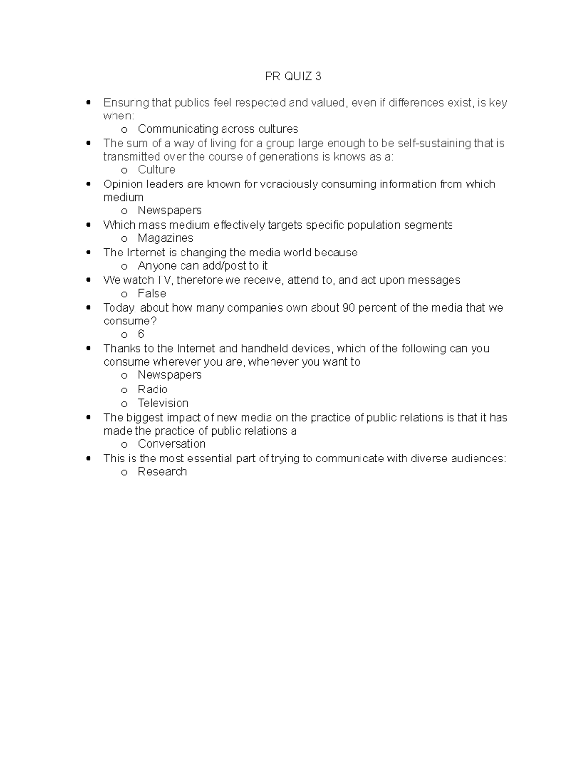 PR QUIZ 3 - Quiz 3 or test 3 - PR QUIZ 3 Ensuring that publics feel ...
