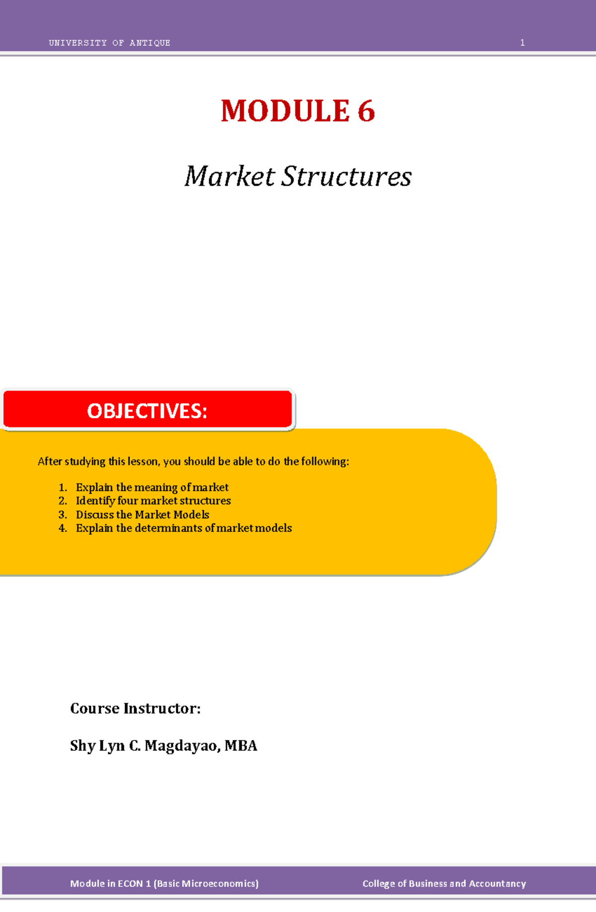 ECON 1 Chapter 6 - Economics - MODULE 6 Market Structures Course ...