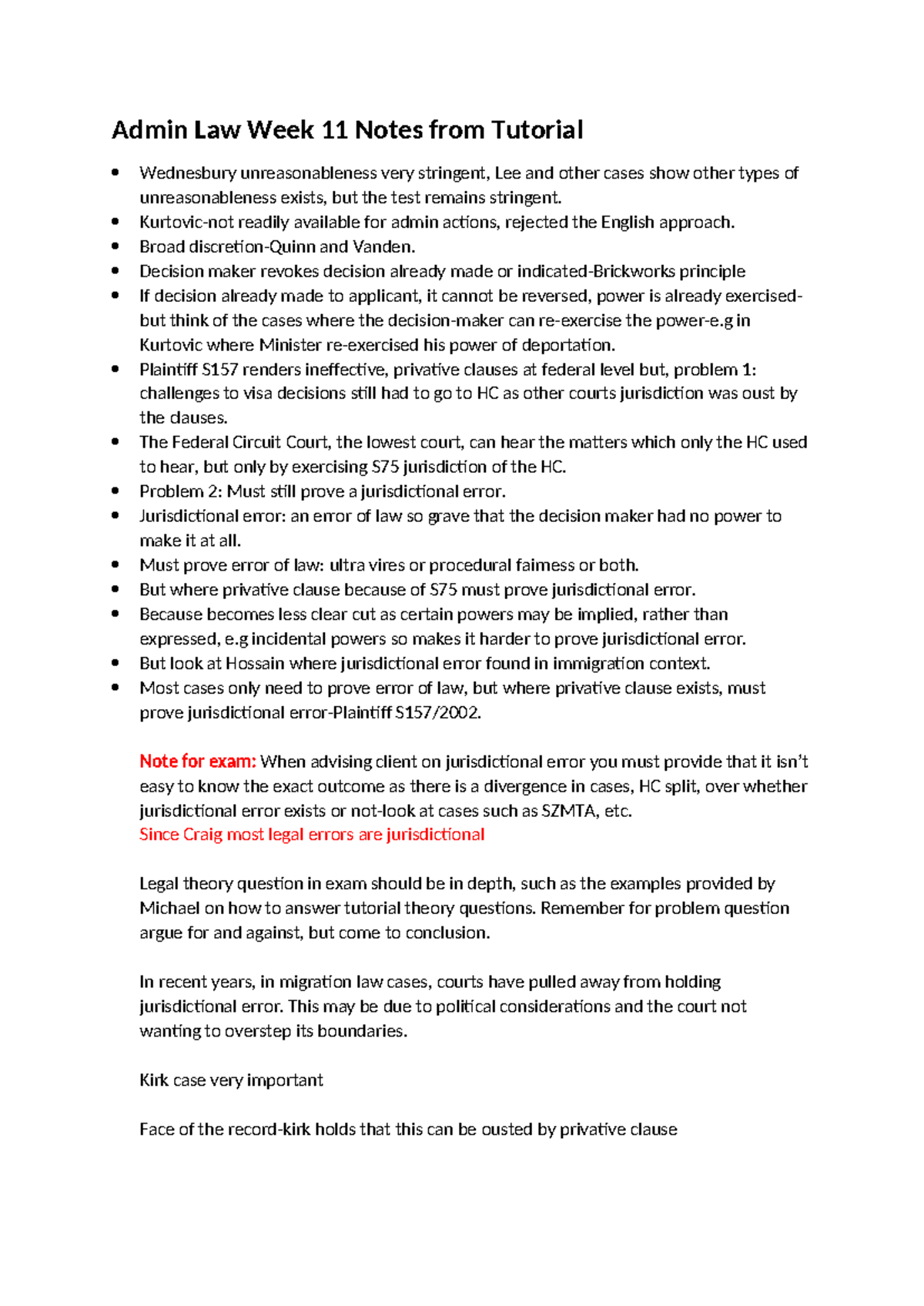 Admin Law Week 11 Notes from Tutorial - Admin Law Week 11 Notes from ...