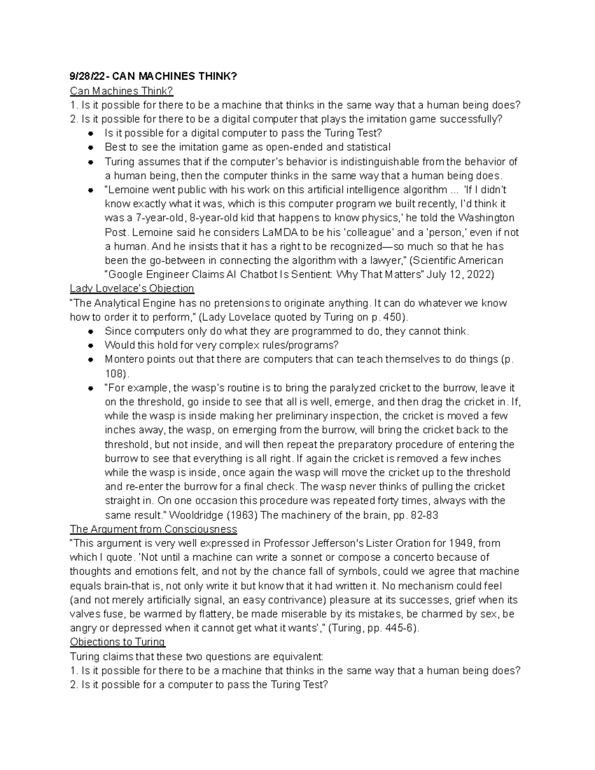 Lecture notes 2 - 9/28/22- CAN MACHINES THINK? Can Machines Think? Is ...