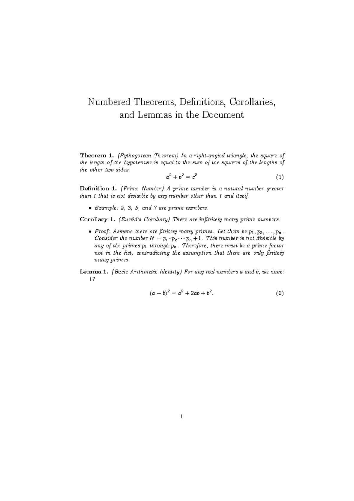 Output 8 - Numbered Theorems, Definitions, Corollaries, and Lemmas in the Document Theorem 1 ...