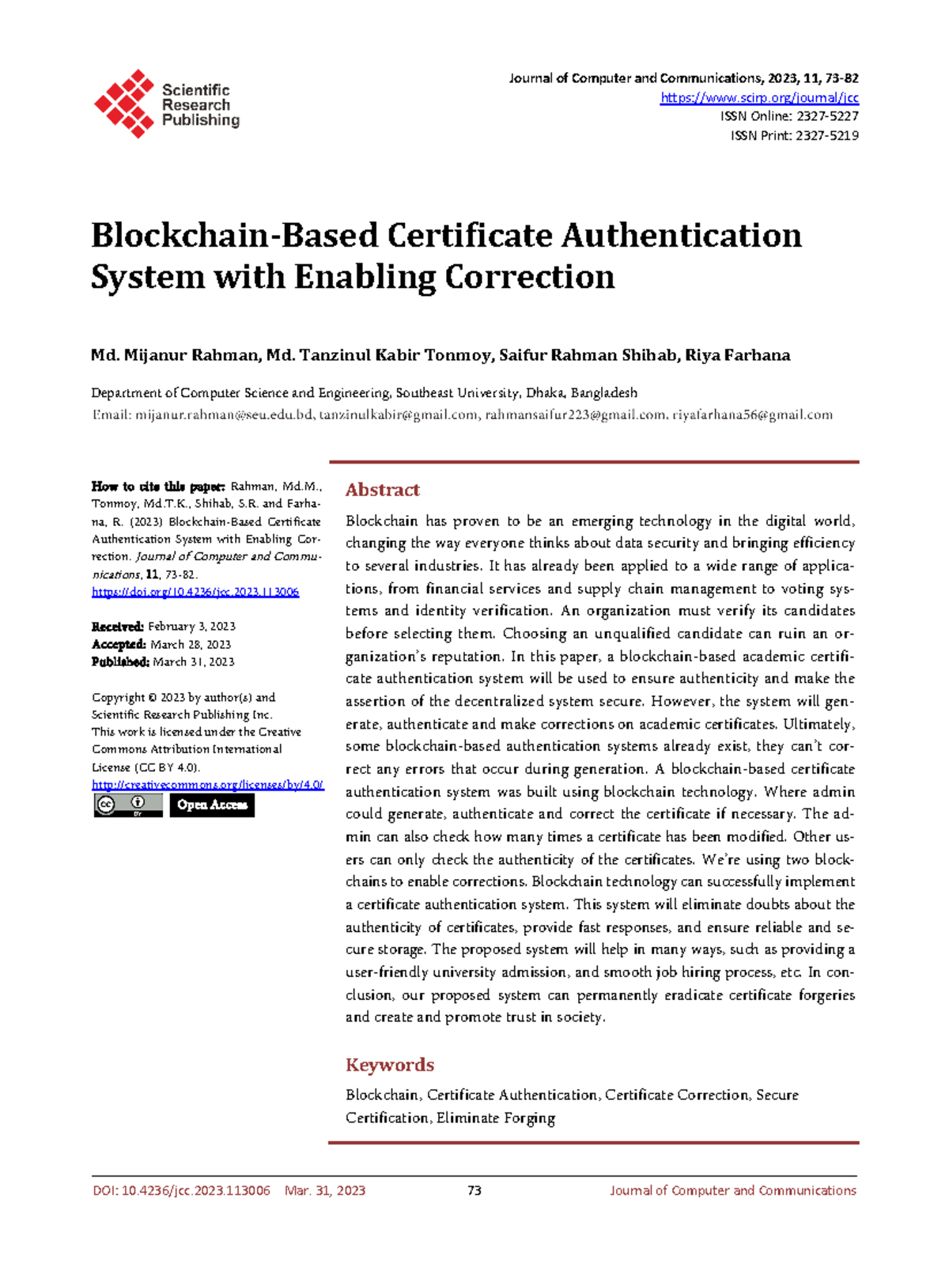Blockchain-Based Certificate Authentication System - Journal of Computer and Communications ...